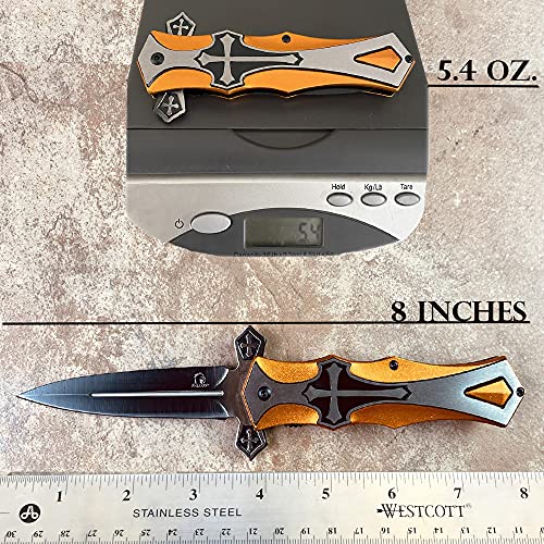 8" Folding Tactical Style Templar Knight Cross Folding Knife, Pocket Knife For Fishing, Camping, Daily Uses for Open Box, Cut Rope (Gold-440)