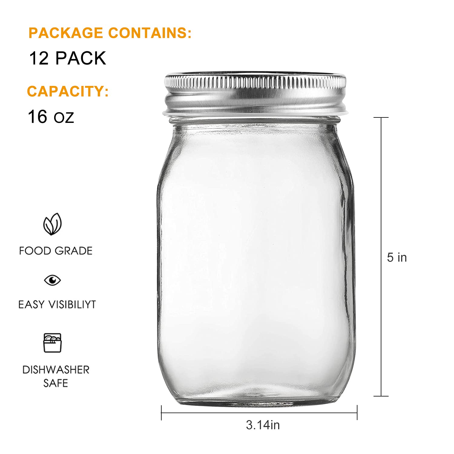 Accguan Mason Jars 16 oz With Regular Lids and Bands, Ideal for Jam, Honey, Wedding Favors, Shower Favors, DIY Magnetic Spice Jars, 12 PACK, 16 Labels Included
