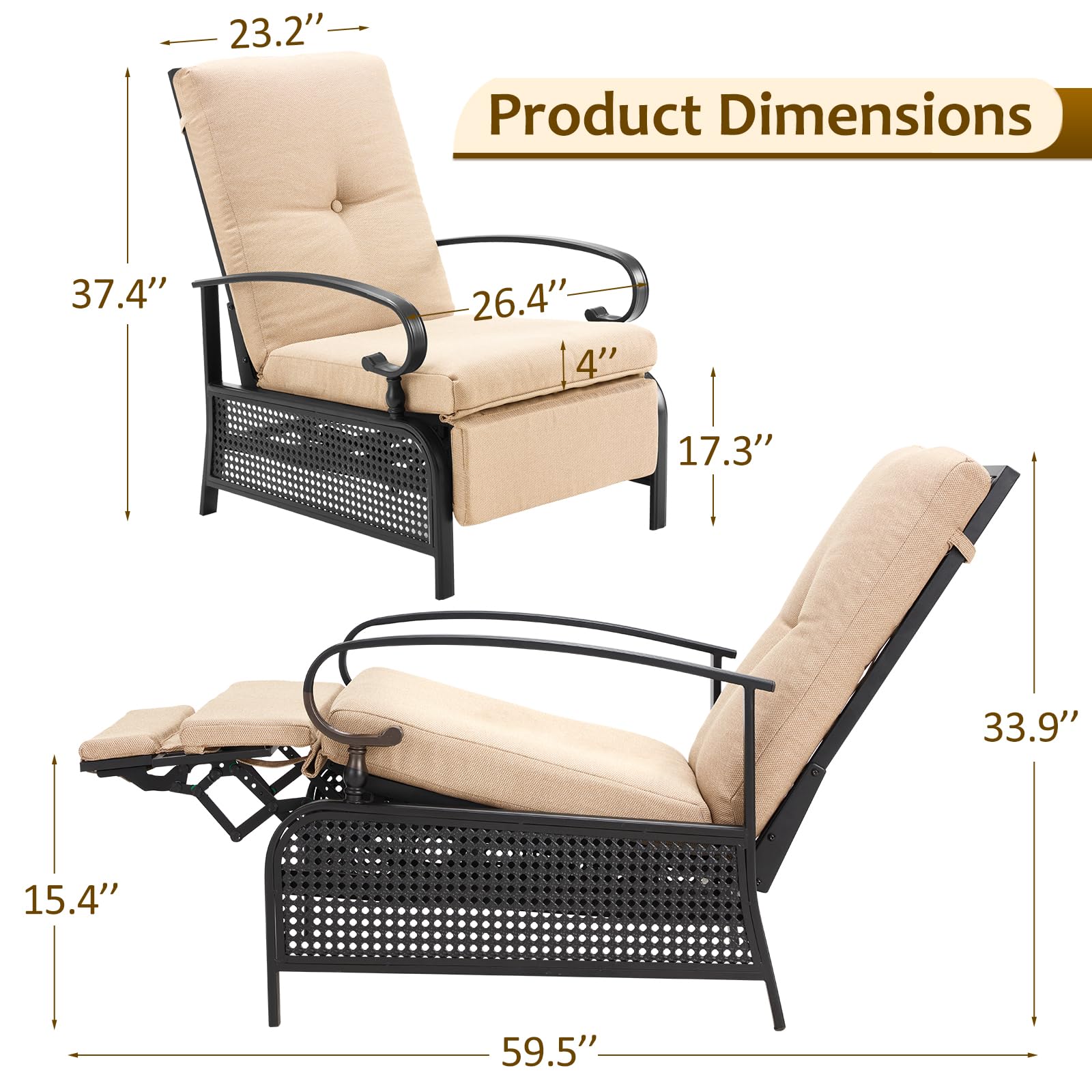 AECOJOY Outdoor Recliner Chair, Patio Outdoor Lounge Chairs with Adjustable Back, Pool Lounge Chairs with Beige Olefin Cushions (Removable)