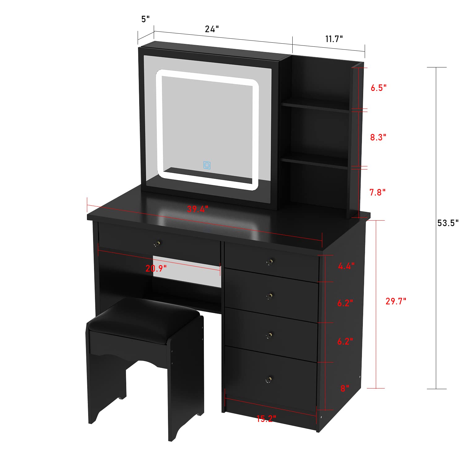 Homsee Vanity Desk Set Makeup Table with Large Sliding Lighted Mirror, Dressing Table with 5 Drawers, Storage Shelves & Cushioned Stool for Bedroom, Black