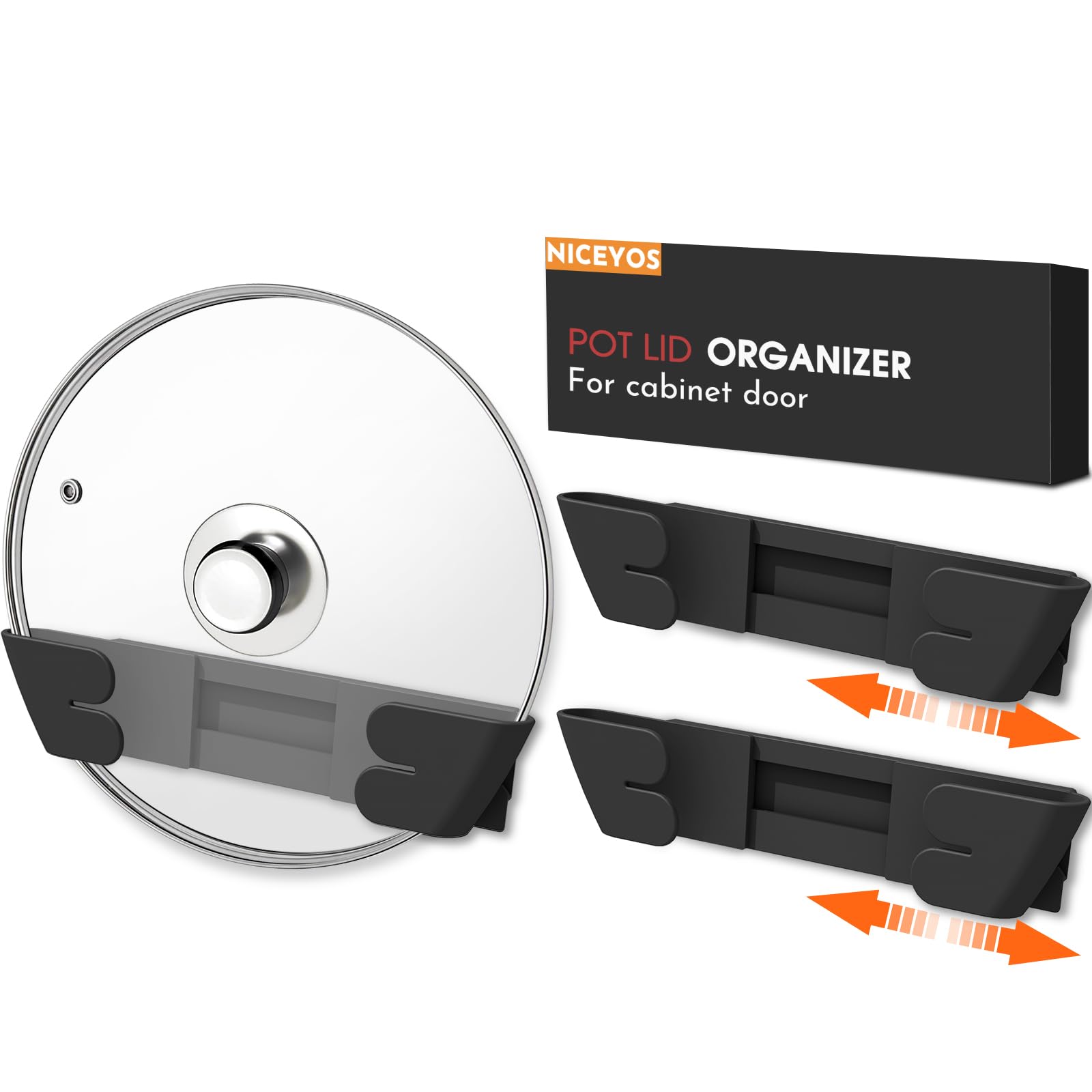 Adjustable Universal Pot Lid Organizer for Cabinet - Upgraded Patented Niceyos 6 Pack Pan Lids Organizers Inside Cabinet Door Wall Mount Pots Top Rack Holder for Kitchen Cupboard Fit 6" to 13" (Black)