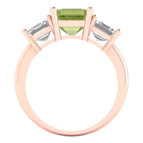 3.25 ct SQ Emerald cut 3 stone Solitaire Natural Green Peridot Engagement Promise Anniversary Bridal Ring 14k Rose Gold 3.5