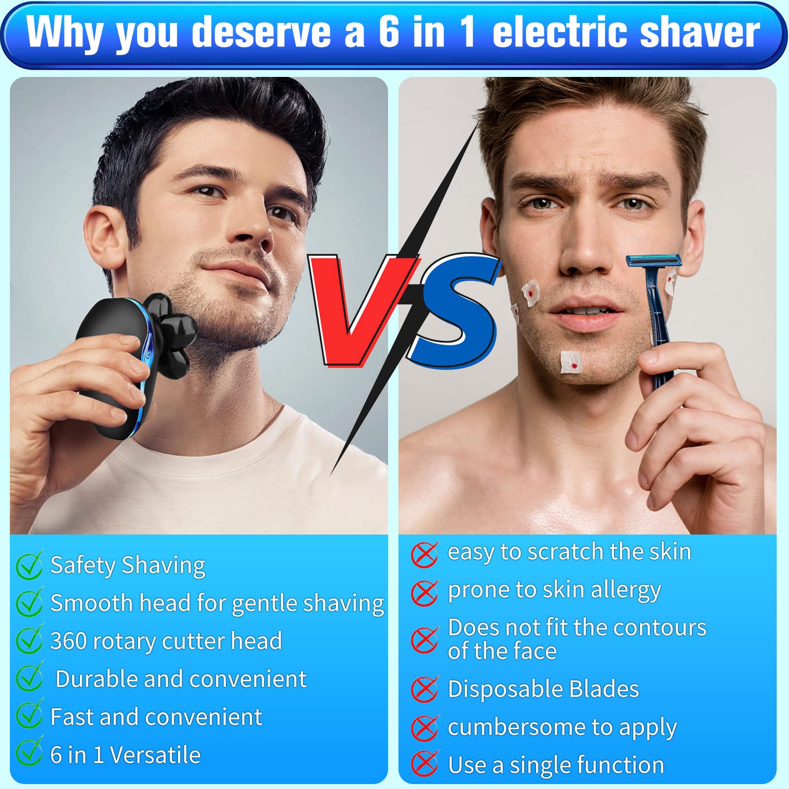 6 in 1 Electric Rotary Shaver for Bald Men - Cordless Wet/Dry IPX7 Waterproof with LED Display and Shaver Kit