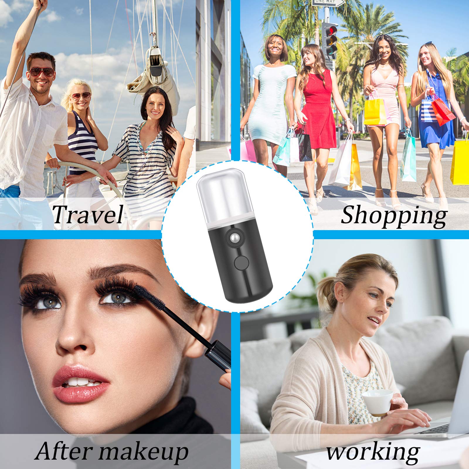 Mudder 4 Pcs Nano Facial Mister Handy Nano Mist Sprayer 30ml Visual Water Tank Portable Face Steamer Mini USB Mister for Lash Extensions, Skin Care, Makeup(White, Light Pink, Blue, Pink)