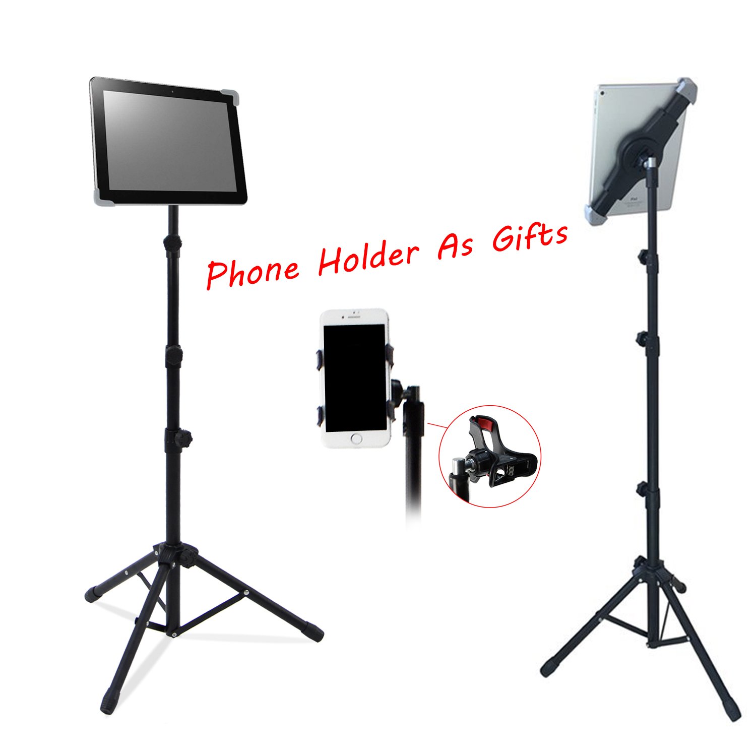 T-SIGN IPad Tripod Stand, Reinforced Foldable Floor Tablet Stand, Height Adjustable 360° Rotating Mount for All 7 to 12 Inches Tablets, Carrying Case, Phone Holder, Bluetooth Remote Control