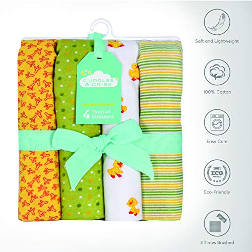 Cuddles & Cribs Baby Receiving Blankets – 100% Cotton Flannel Receiving Blankets - Chicks & Paws - Pack of 4-30 x 30 Inches