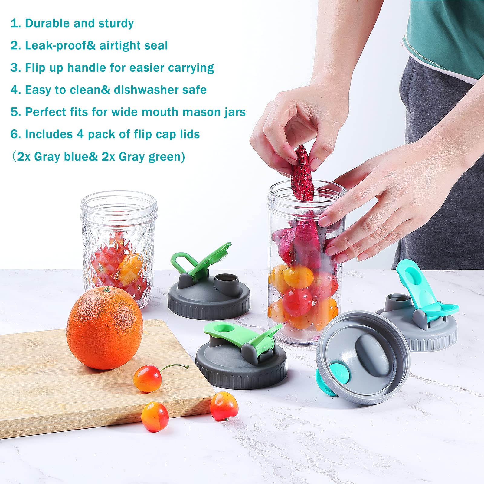 4 Pack Wide Mouth Flip Cap Mason Jar Lids for Ball Mason Jars, with Airtight Seal & Leak-proof, Easy Pouring Spout (Jars not Included)