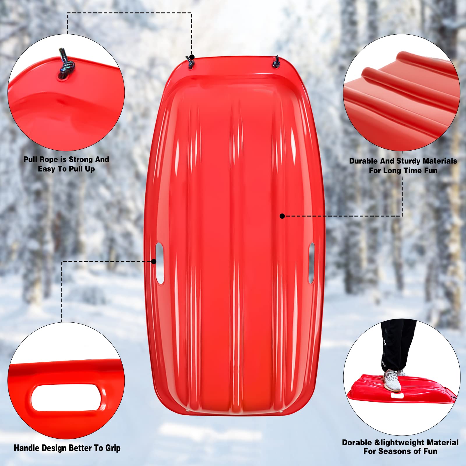 35“Plastic Snow Sled, Sleds for Kids and Adults with Handles (1-Pack)