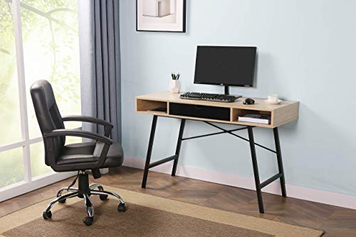 JJS 48" Home Office Writing Desk with Drawers, Modern Computer Study Wooden Desk Table Laptop PC Workstation with Storage, Mid Century Black