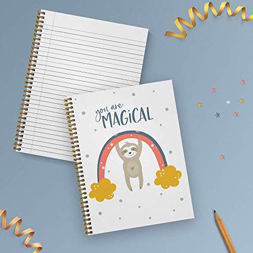 Softcover Magical 8.5" x 11" Motivational Sloth Spiral Notebook/Journal, 120 Wide Ruled Pages, Durable Gloss Laminated Cover, Gold Wire-o Spiral. Made in the USA