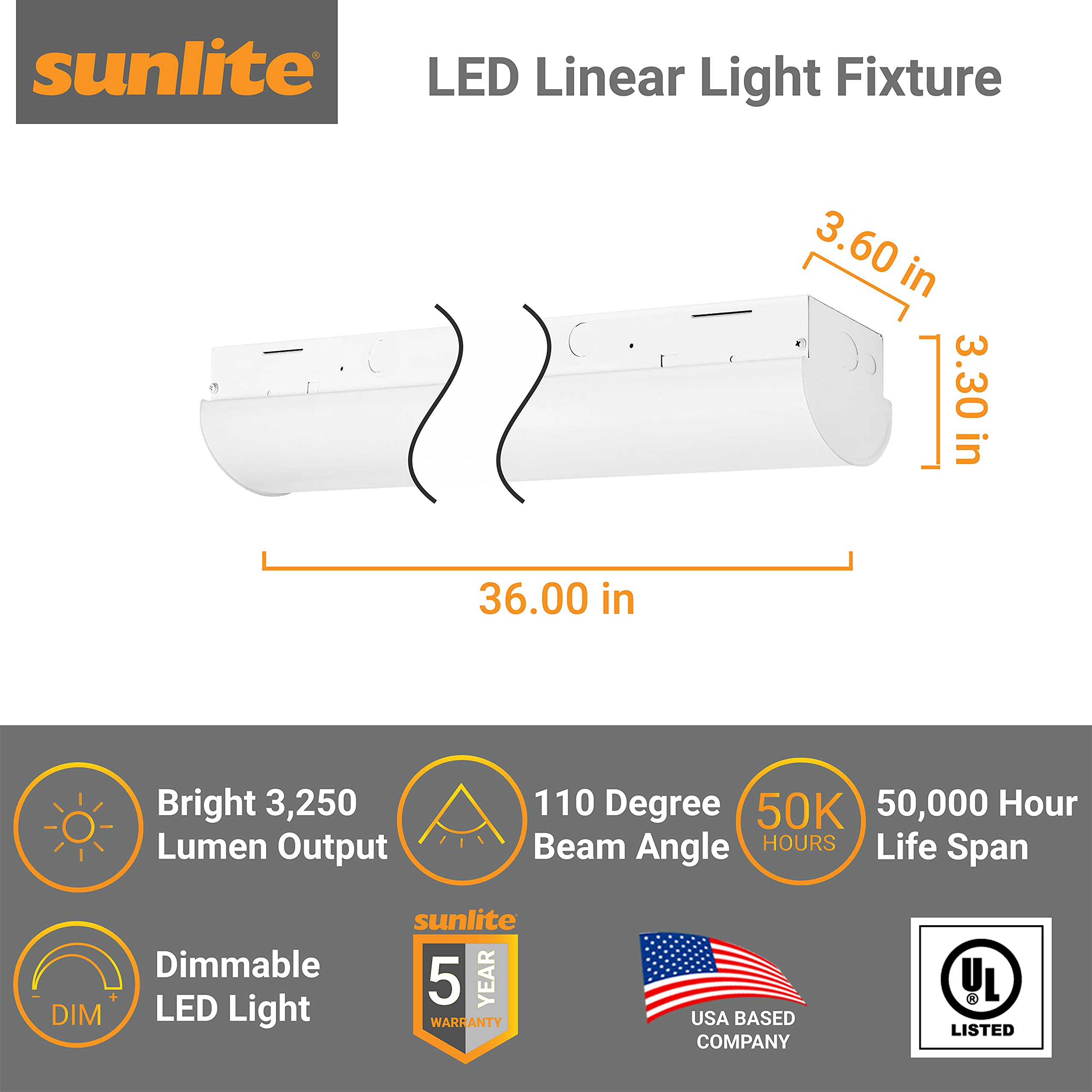 Sunlite 85474 3-Foot LED Linear Strip Light Fixture, 20 Watts, 120-277 Volts, Dimmable, 50,000 Hour Life Span, 3500K Neutral White, 82 CRI, Surface Mount, Steel Body, UL & DLC Listed