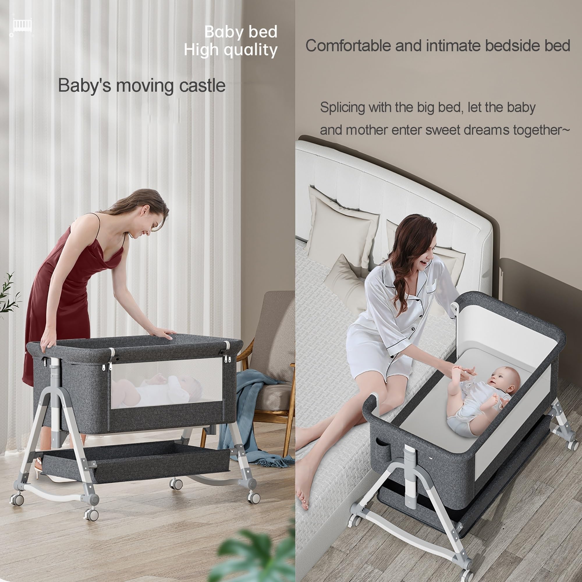 3 In 1 Baby Bassinet,baby Rocker,Bedside Sleeper, Adjustable Bassinets Crib,Rocking Cradle Adjustable Bedside Crib With Mattress, Storage Basket & Mosquito Net, Portable Baby Bed For Infant/Newborn (