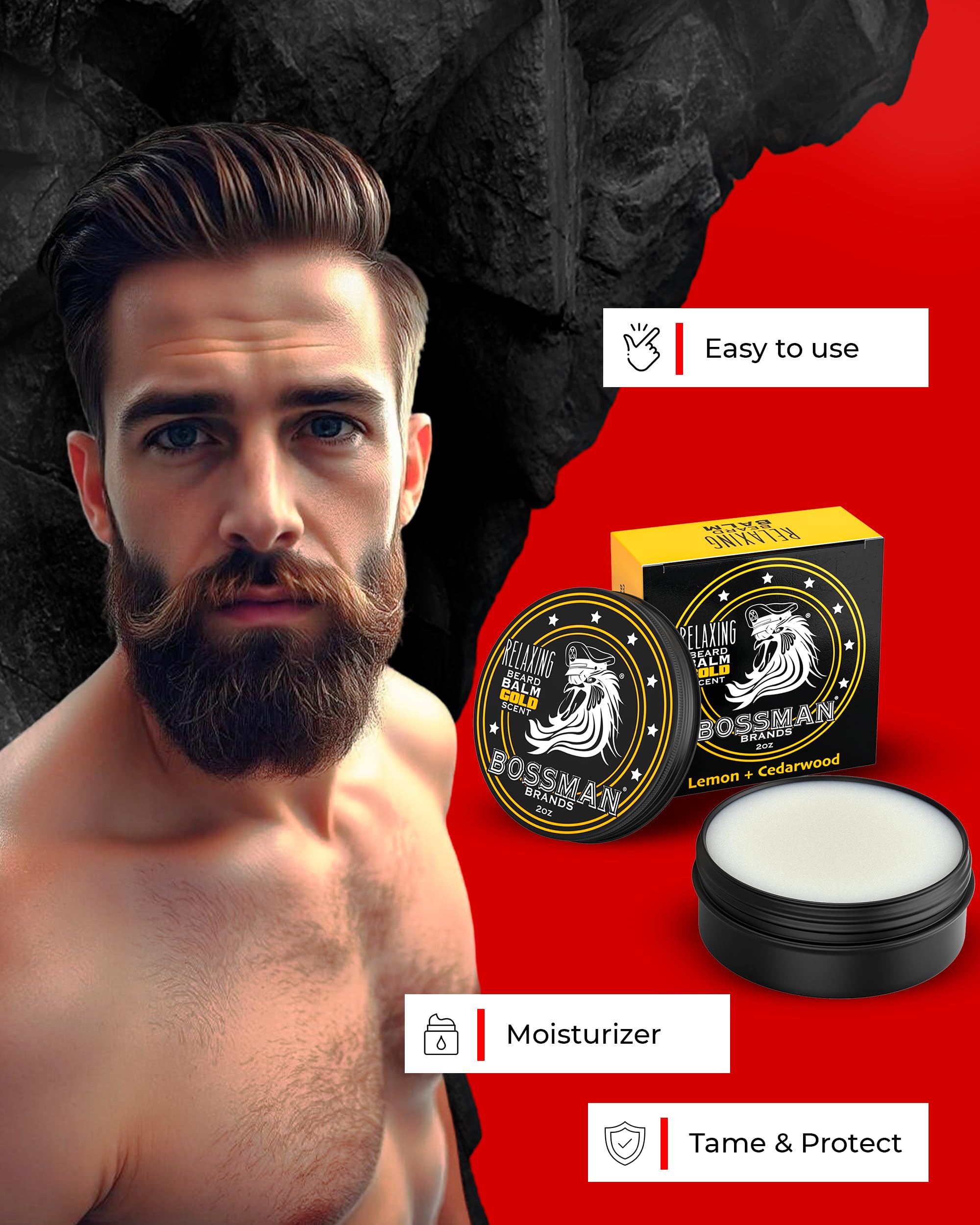 Bossman Relaxing Beard Balm - Beard Tamer, Relaxer, Thickener and Softener Cream - Beard Care Product - Made in USA (Gold Scent)