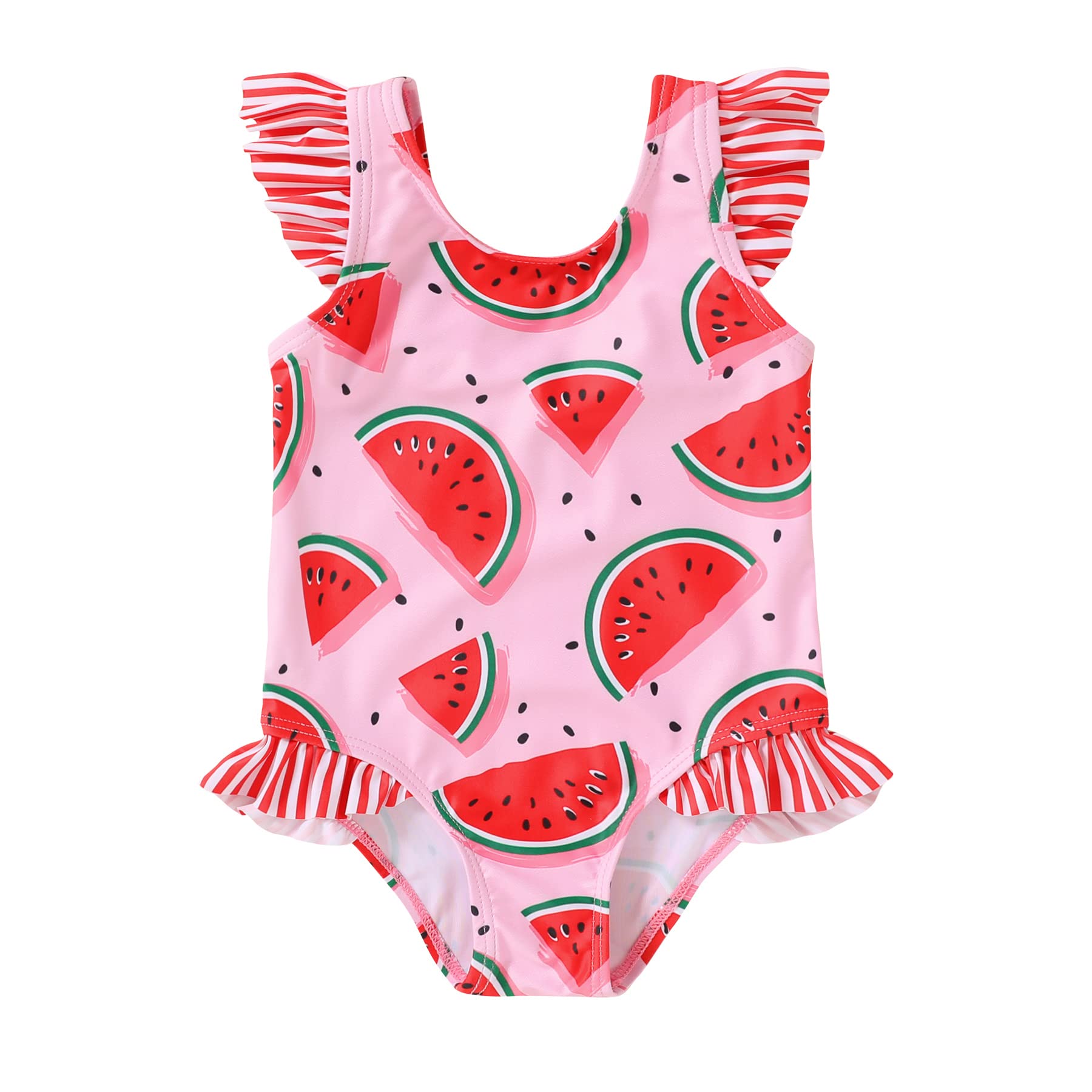 Tiny Cutey Toddler Girl Swimsuit Ruffled Stripe Sleeveless Swimwear One-Piece Baby Girl Bathing Suits (Pink-Watermelon, 12-18 Months)