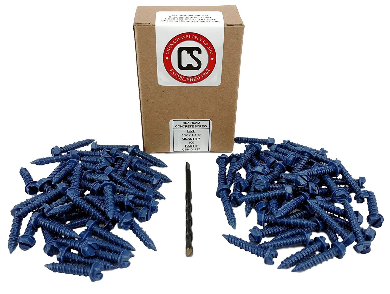 Chenango Supply 1/4 x 1-1/4" Hex Head Concrete Screw Anchor. 100 Pieces with Drill Bit (Miami-Dade Compliant) (1/4 x 1-1/4)