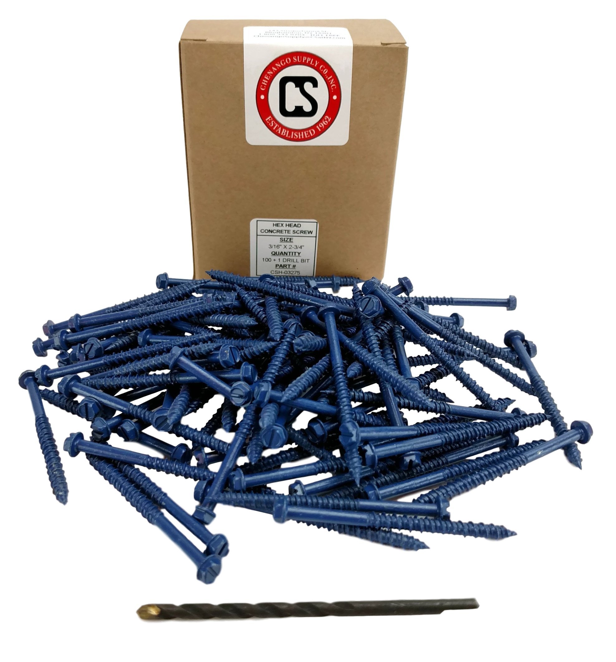 Chenango Supply 3/16 x 2-3/4" Hex Head Concrete Screw Anchor. 100 Pieces with Drill Bit (Miami-Dade Compliant) (3/16 x 2-3/4)