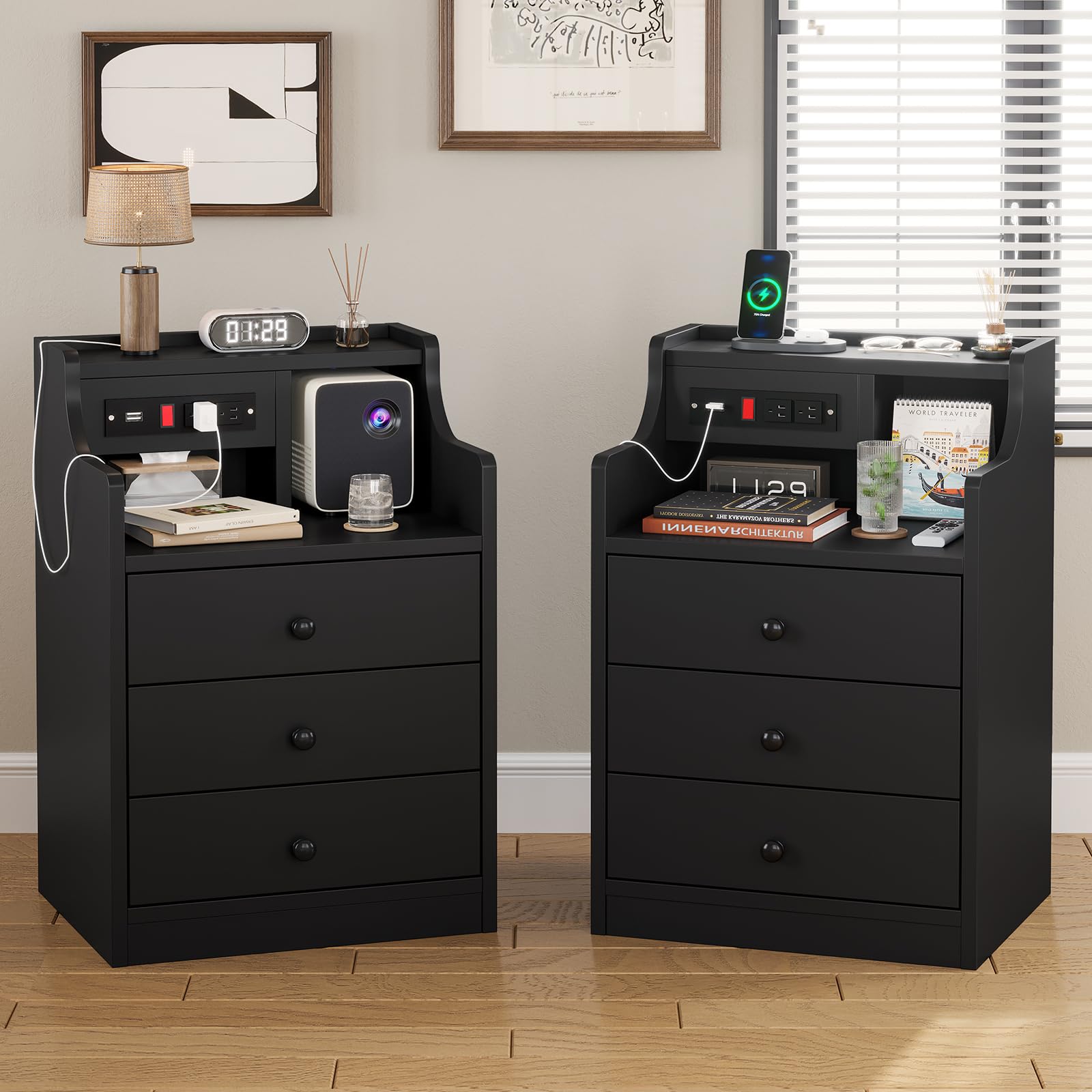 ADORNEVE Nightstand Set 2,Gray Nightstand with Charging Station & Hutch,Night Stands for Bedrooms Set of 2,Bedside Table with Drawers