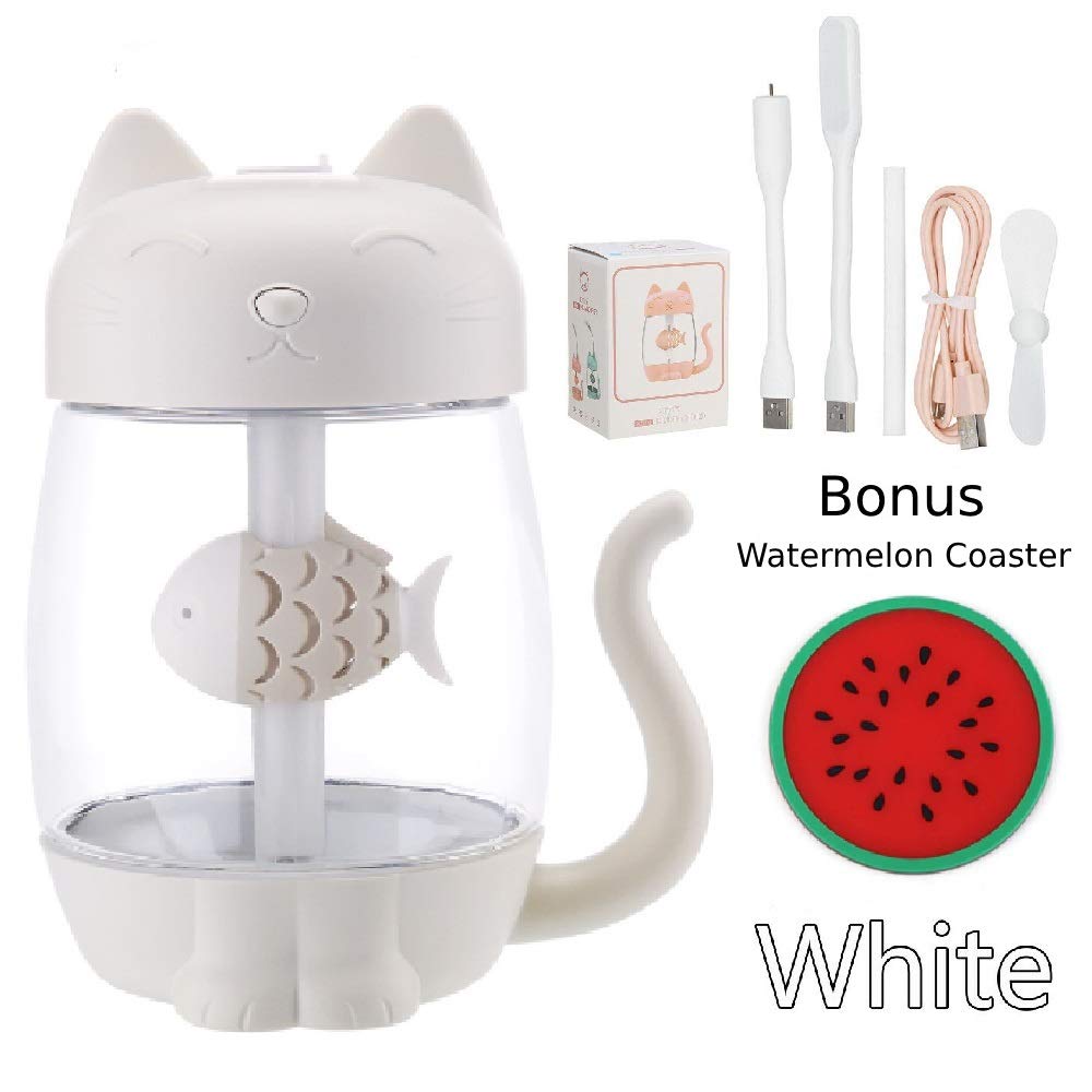 3 in 1 Cool Mist White Cat Humidifier included USB Fan,USB Lamp and 7- Color Night Light features with free (1 x fruit Coaster)