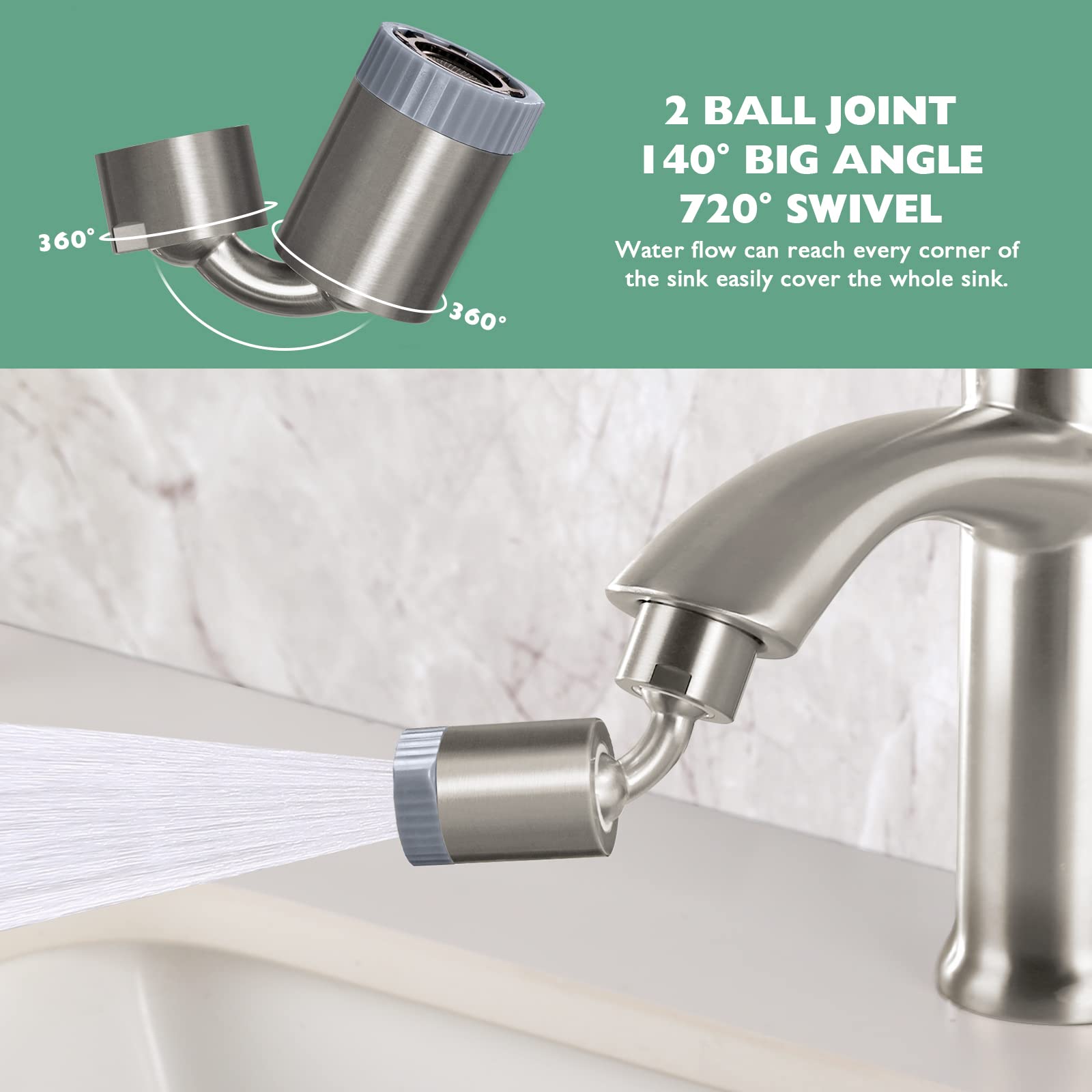 720° Faucet Aerator, 3-function Bathroom Faucet Aerator, Swivel Sink Aerator Head, Kitchen Sink Faucet Head,Faucet Sprayer Attachment 55/64-27UNS Female Thread, Faucet Nozzle Brushed Nickel