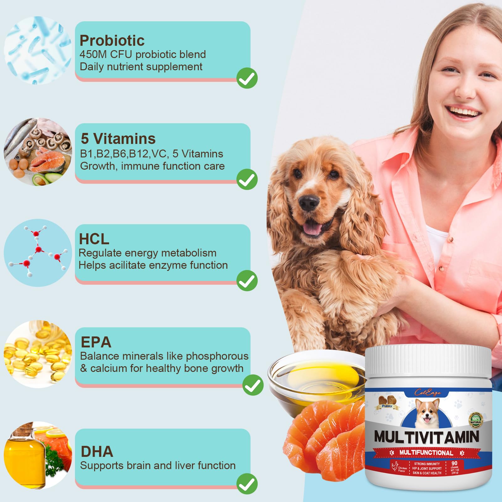 ColEaze Multivitamin Dog Supplement, 5 Essential Vitamins Treats for Dogs, Glucosamine for Joint Support