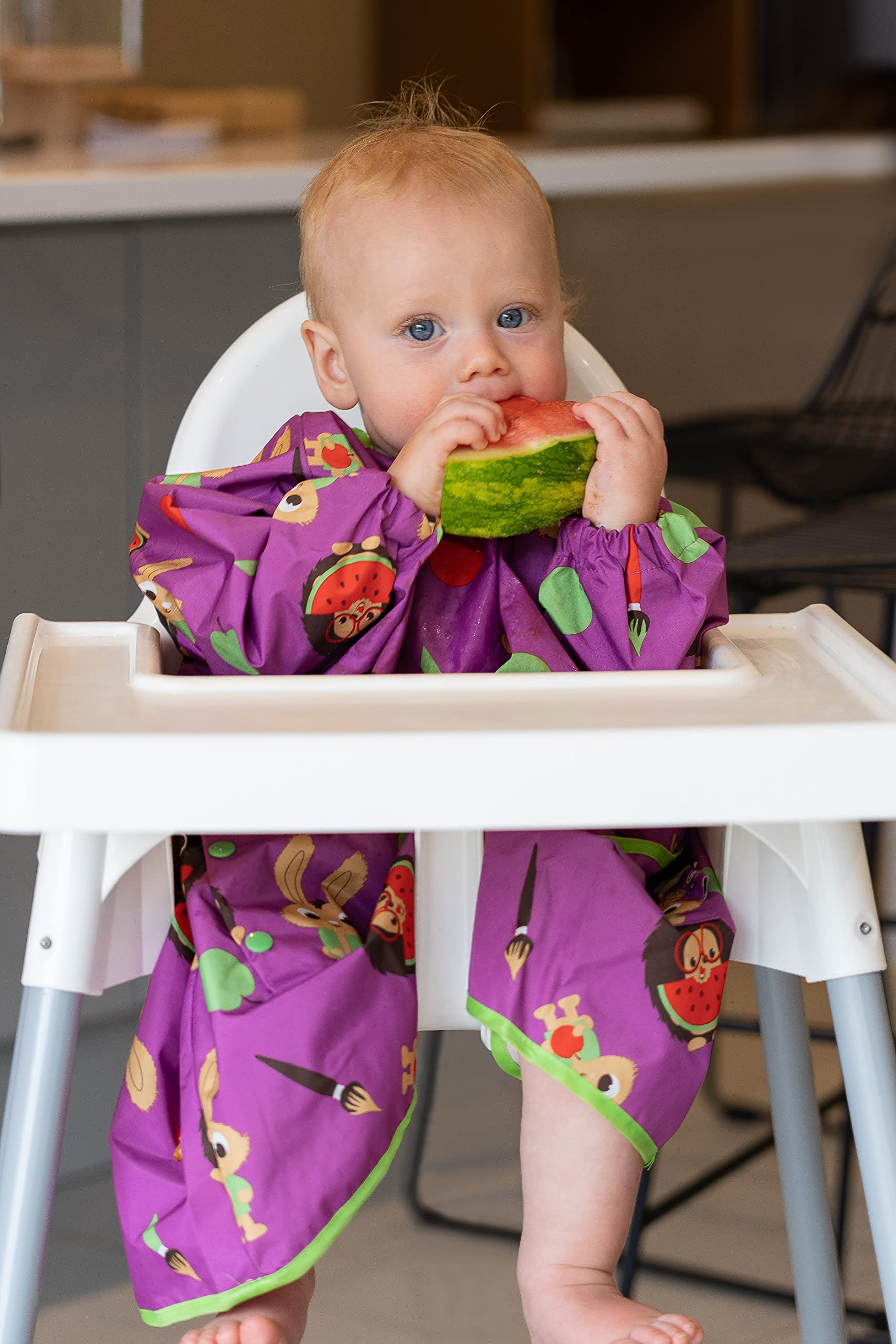 Tidy Tot - Long Baby Bib - Mess Proof Long Sleeve Feeding Smock with Large Food Catcher Pocket - Waterproof Bib – Machine Washable. Fits 6-24 months - Purple
