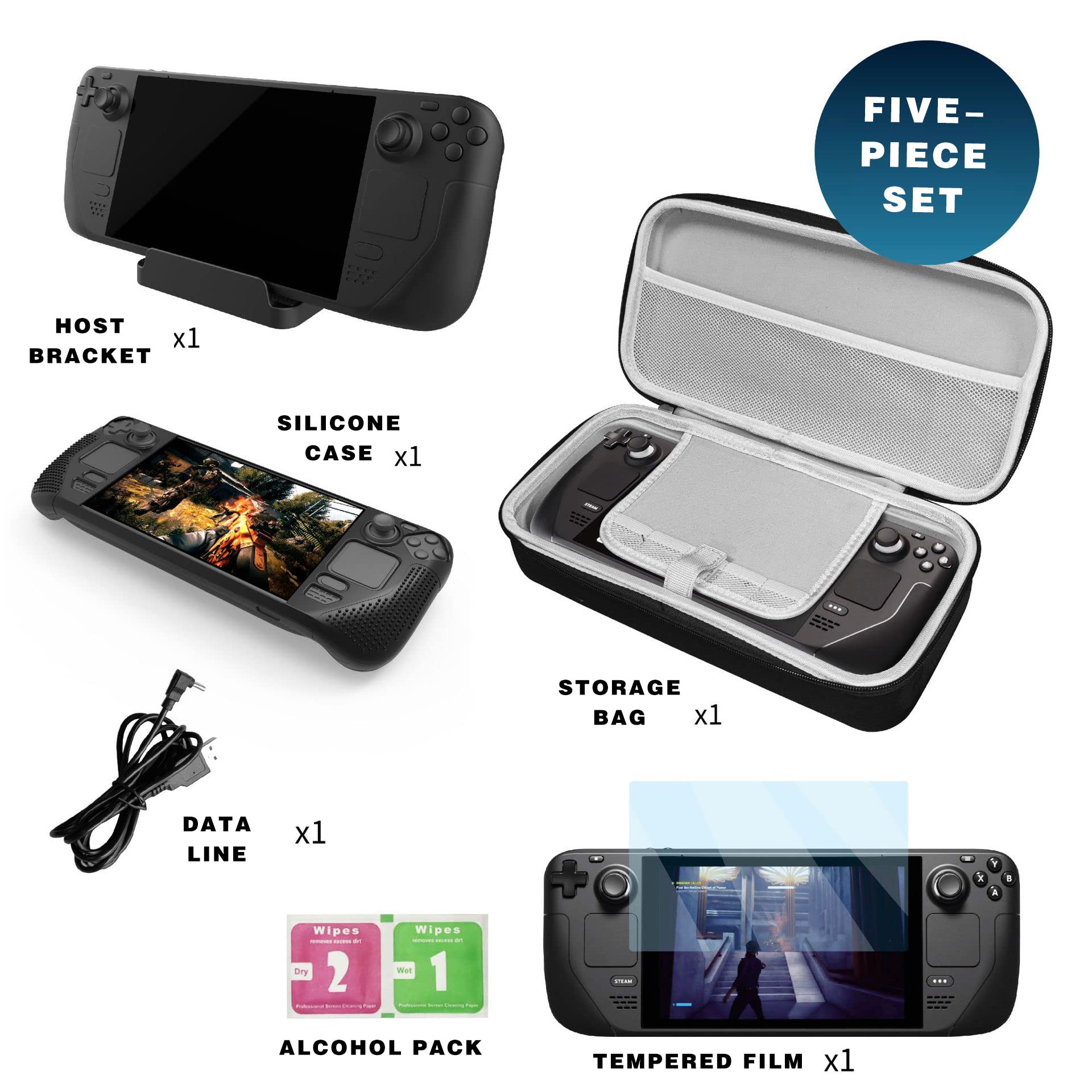 5 In 1 Game Console Case For Steam Deck, Hard EVA Carrying Case Rubber Sleeve + Tempered Film + Host Bracket + Charging Cable + Storage Bag, Nylon Travel Gear Storage