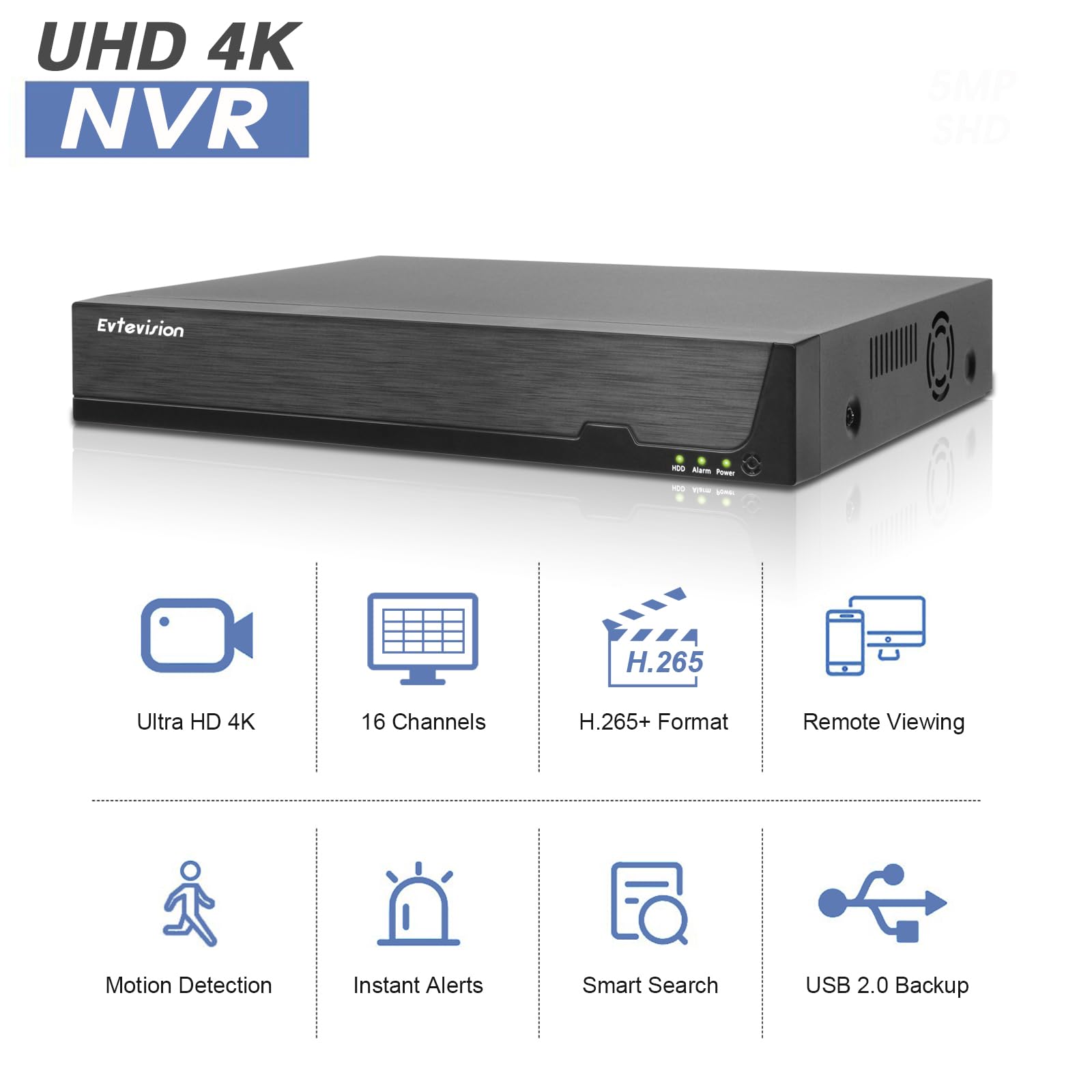 Evtevision 16CH NVR 8MP/5MP/4MP/3MP/1080p Network Video Recorder,Supports up to 16 x 8MP/4K IP Cameras,Smart Human/Vehicle Detection,Remote Access,Hard Drive Not Included