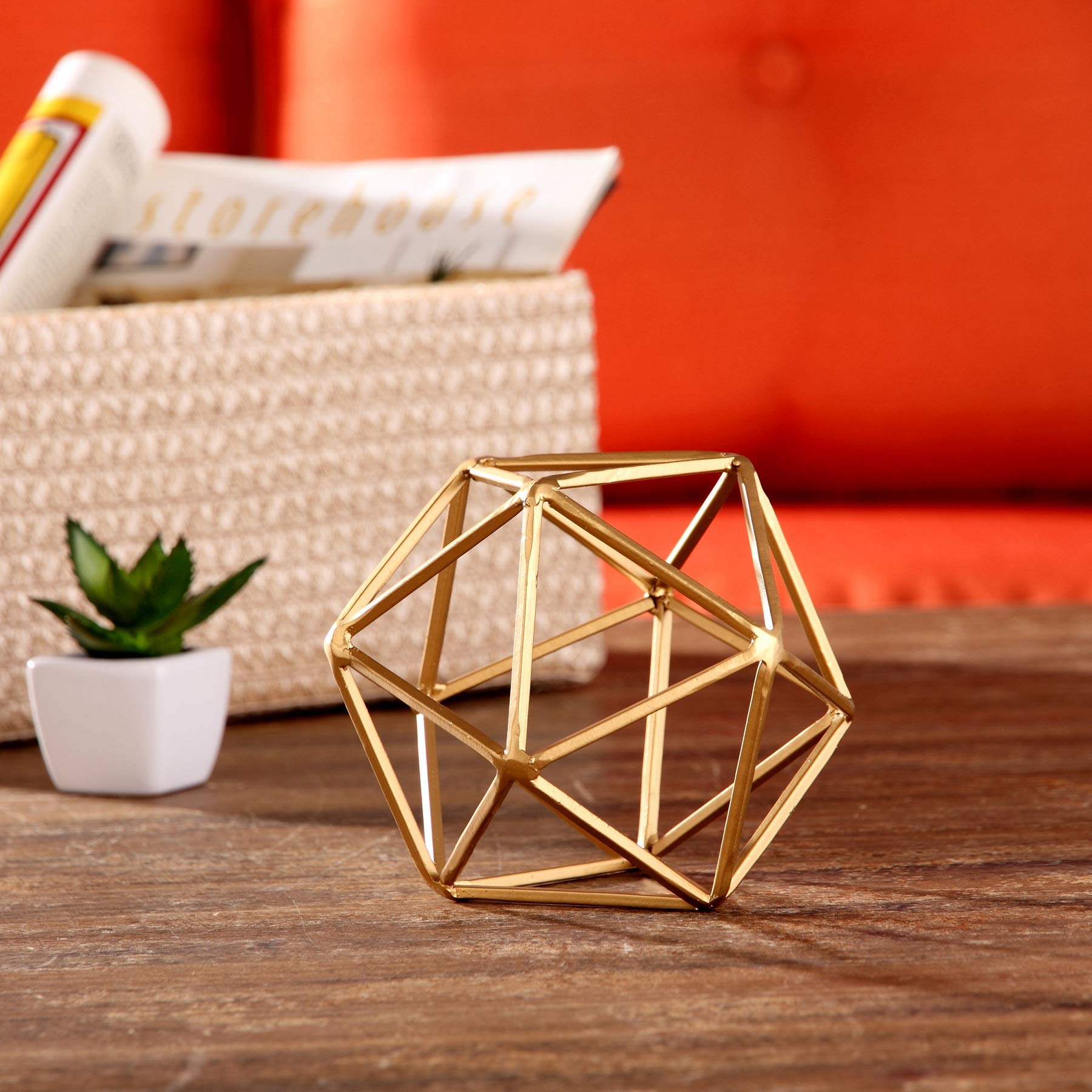 Better Homes & Gardens 5" W x 6" H Icosahedron Iron Geometric Tabletop Sculpture - Medium, Gold