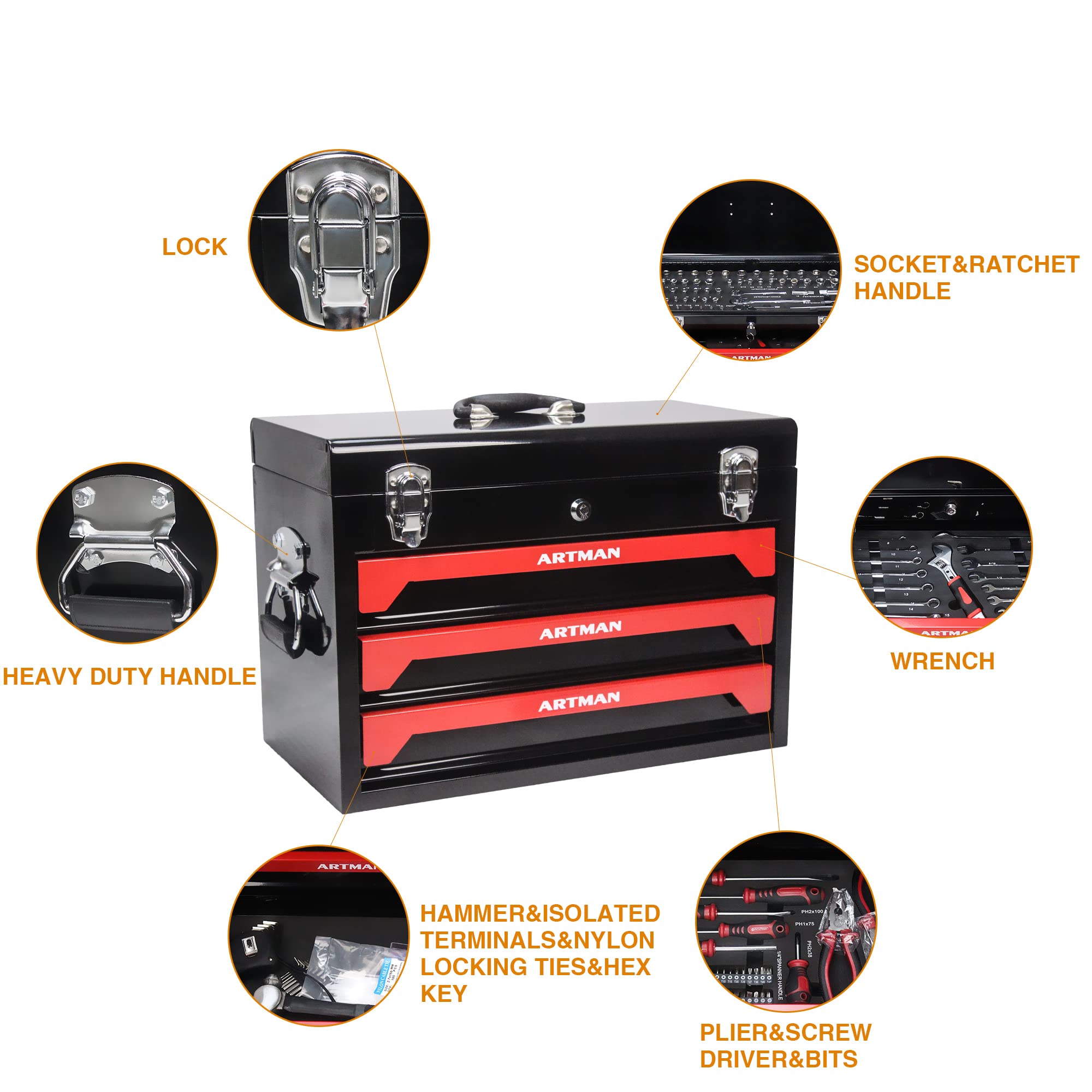 3 Drawer Tool Box with Tool Set - 439 Pieces, Heavy Duty Metal Box with 3 Drawers, Repair Tool Kit for Workshop Maintenance and Repair Items