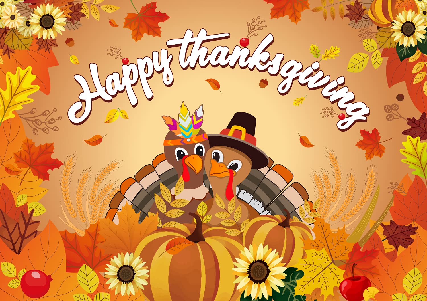 7x5ft Happy Thanksgiving Fabric Fall Photography Backdrop Autumn Leaves Pumpkin Turkey Sunflower Large Size Background for Fall Party Supplies Farm Harvest Event Banner Decoration Photo Booth Props