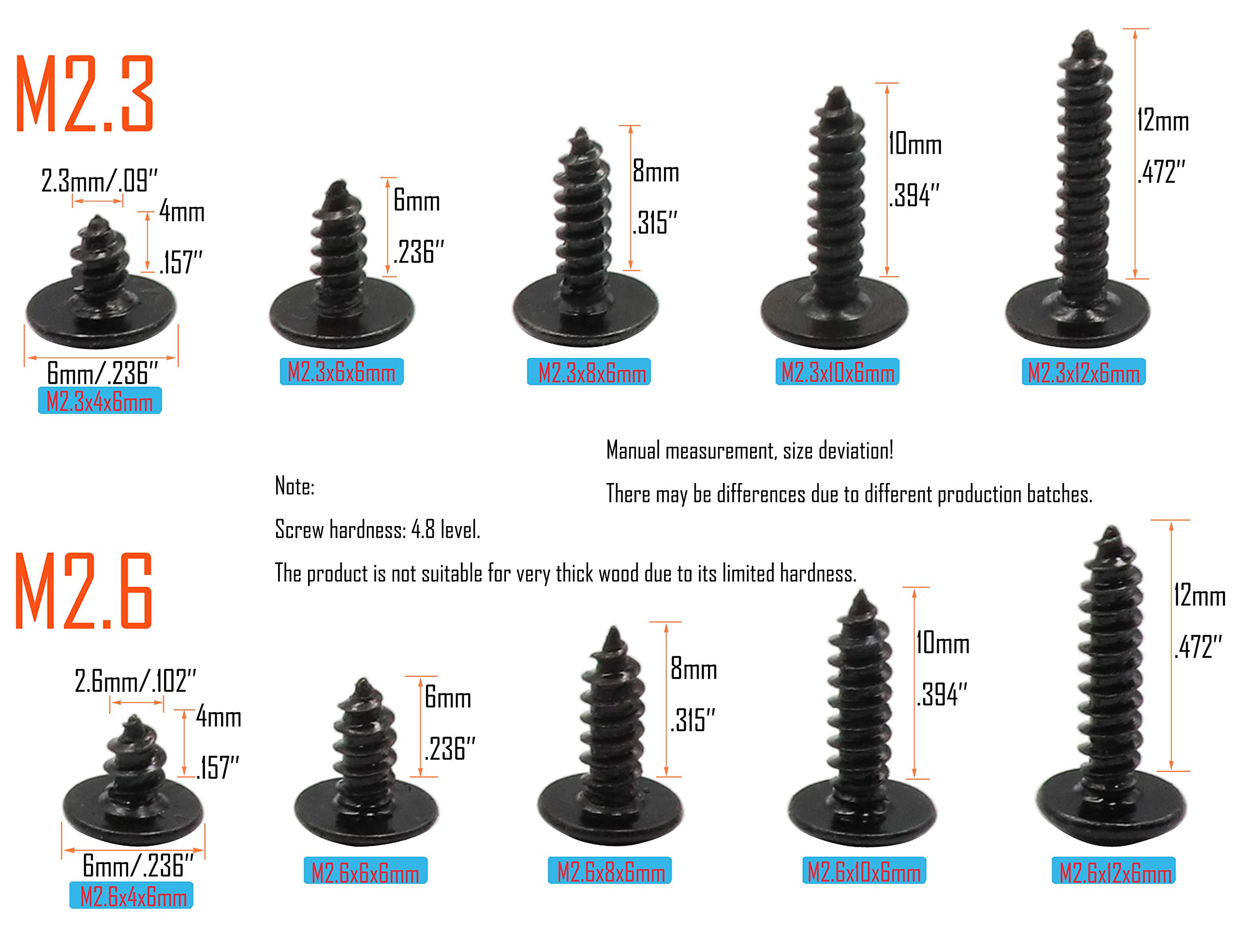 LBY 1000pcs M2.3 M2.6 Truss Head Self Tapping Screws, Wafer Head Screws, Pan Head with Washer Screw 10 Sizes Self Tapping Screws Assortment Kit, Carbon Steel (Blacking)