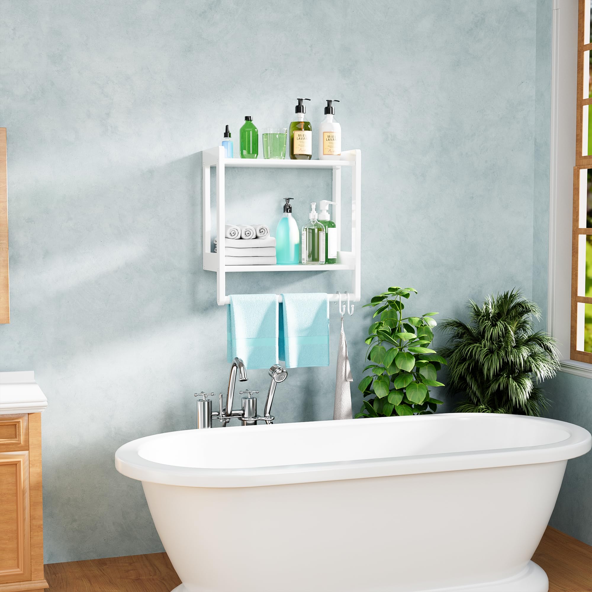 ADREMAN Bathroom Shelf Wall, Over The Toilet Storage Shelves Bamboo Bathroom Shelf Organizer Floating Wall Mounted with Hook and Hanging Rod for Bathroom,Kitchen,Toilet,Living Room (White)