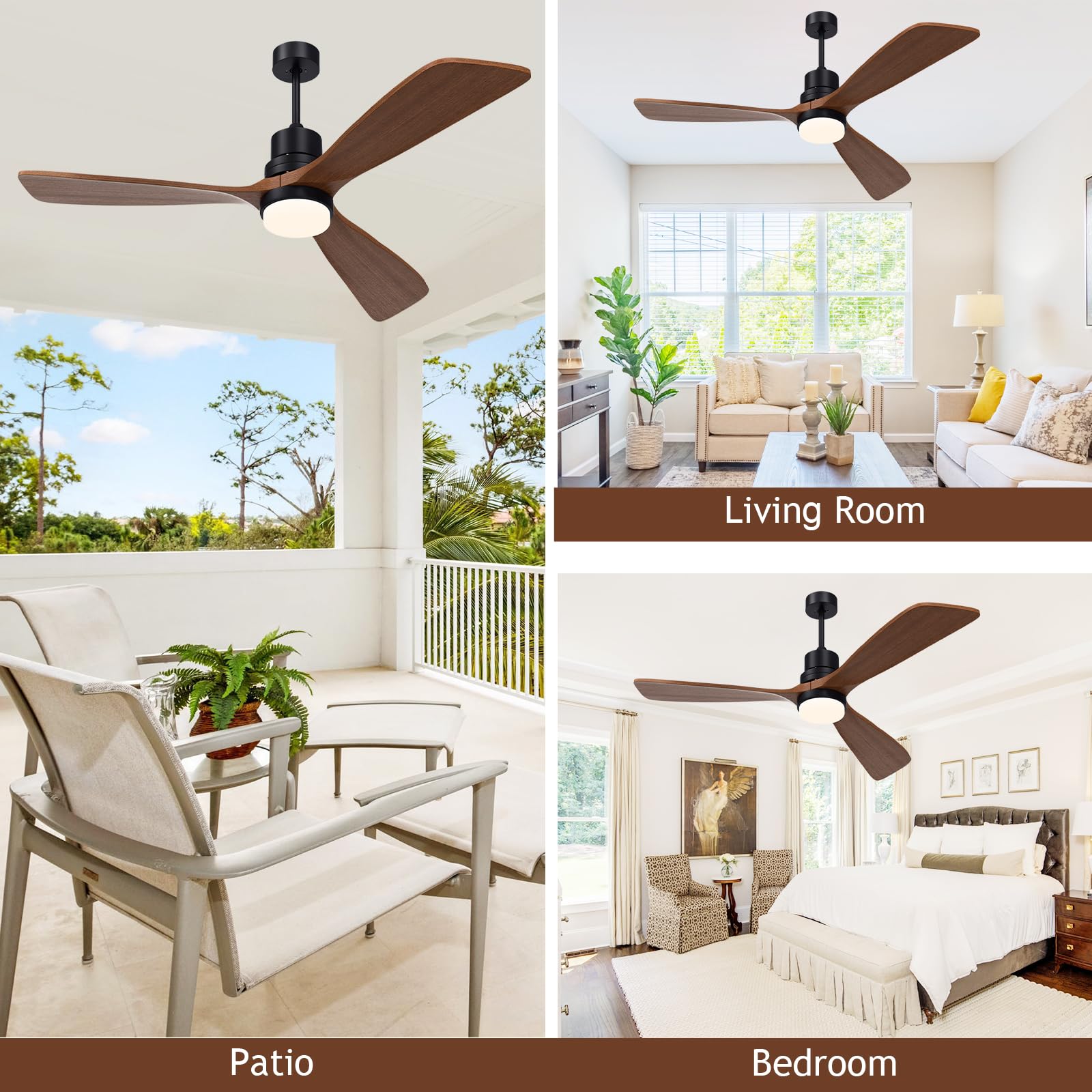 60'' Ceiling Fan with Light Remote Control Modern 3 Wood Blade Ceiling Fan, Outdoor Ceiling Fan Reversible DC Motor and Matte Black