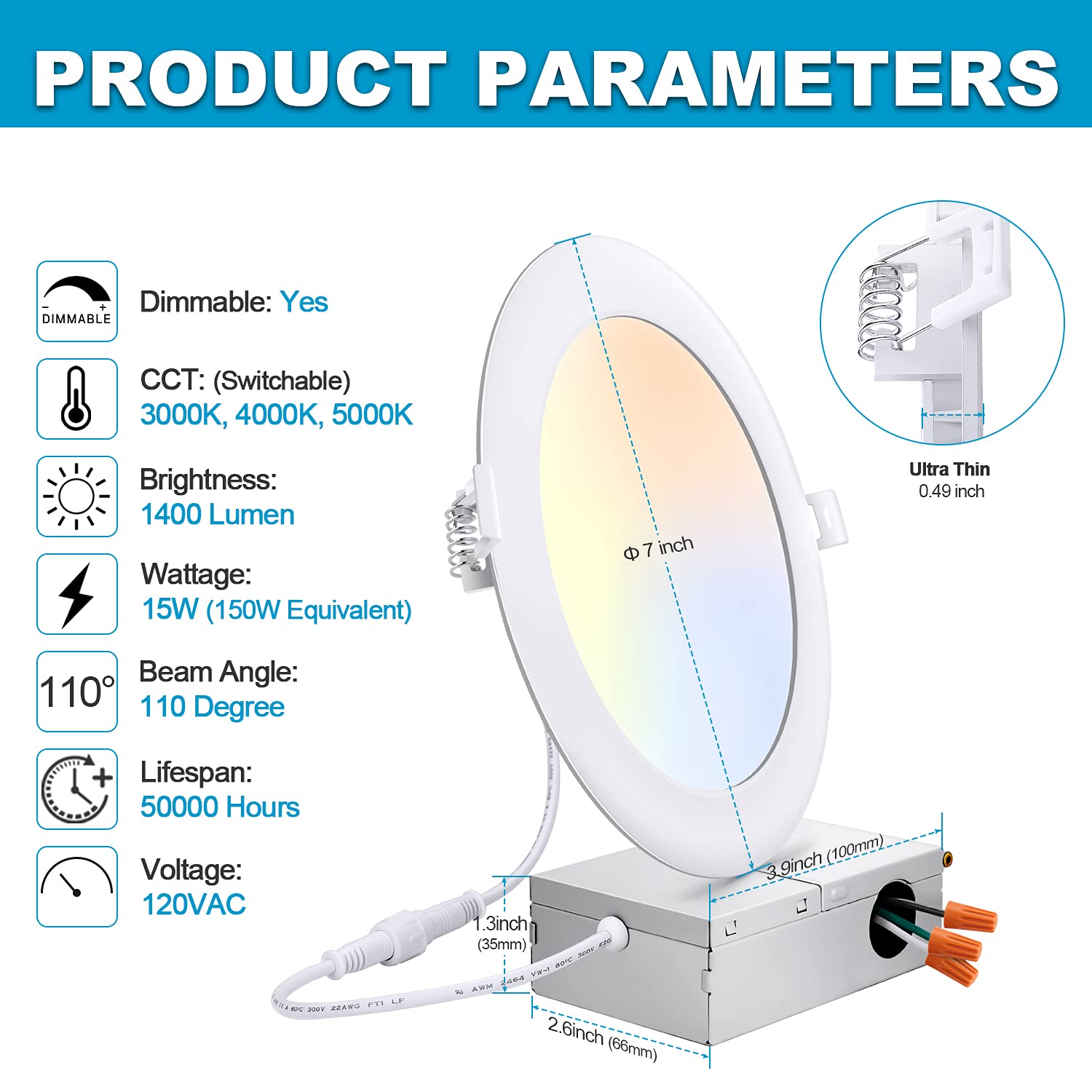 6 Pack 6 Inch 3CCT Ultra-Thin LED Recessed Ceiling Light with Junction Box, 3000K/4000K/5000K Selectable, 15W Eqv 150W, 1400LM High Brightness, Dimmable Canless Downlight Slim Recessed Lighting