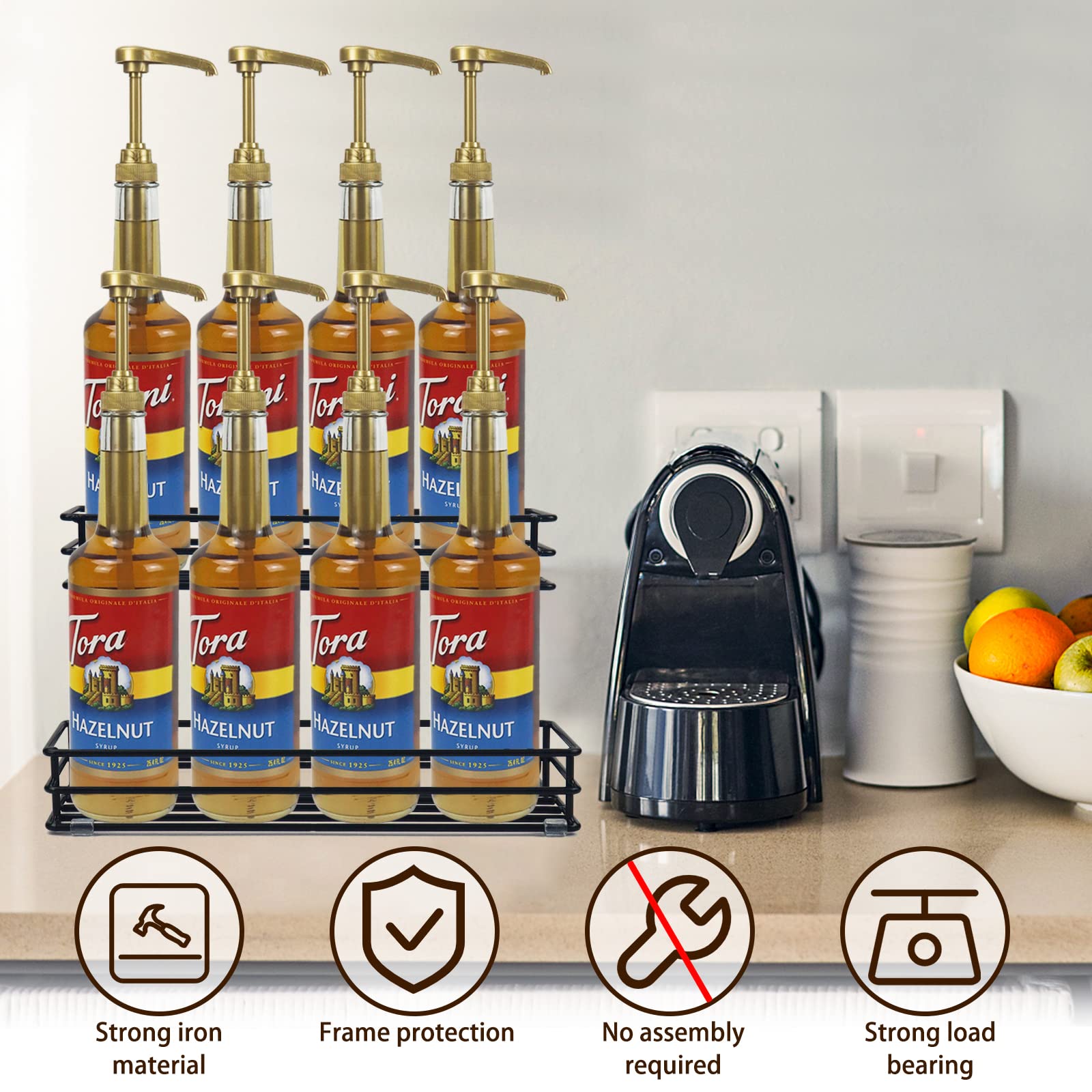 8 Bottle Coffee Syrup Organizer Rack, 2 Tier Coffee Syrup Bottle Stand Holder for Coffee Bar, Premium Wine Bottle Rack, Countertop Freestanding Tabletop Liquor Wine Rack for Dressings Cocktail(Black)