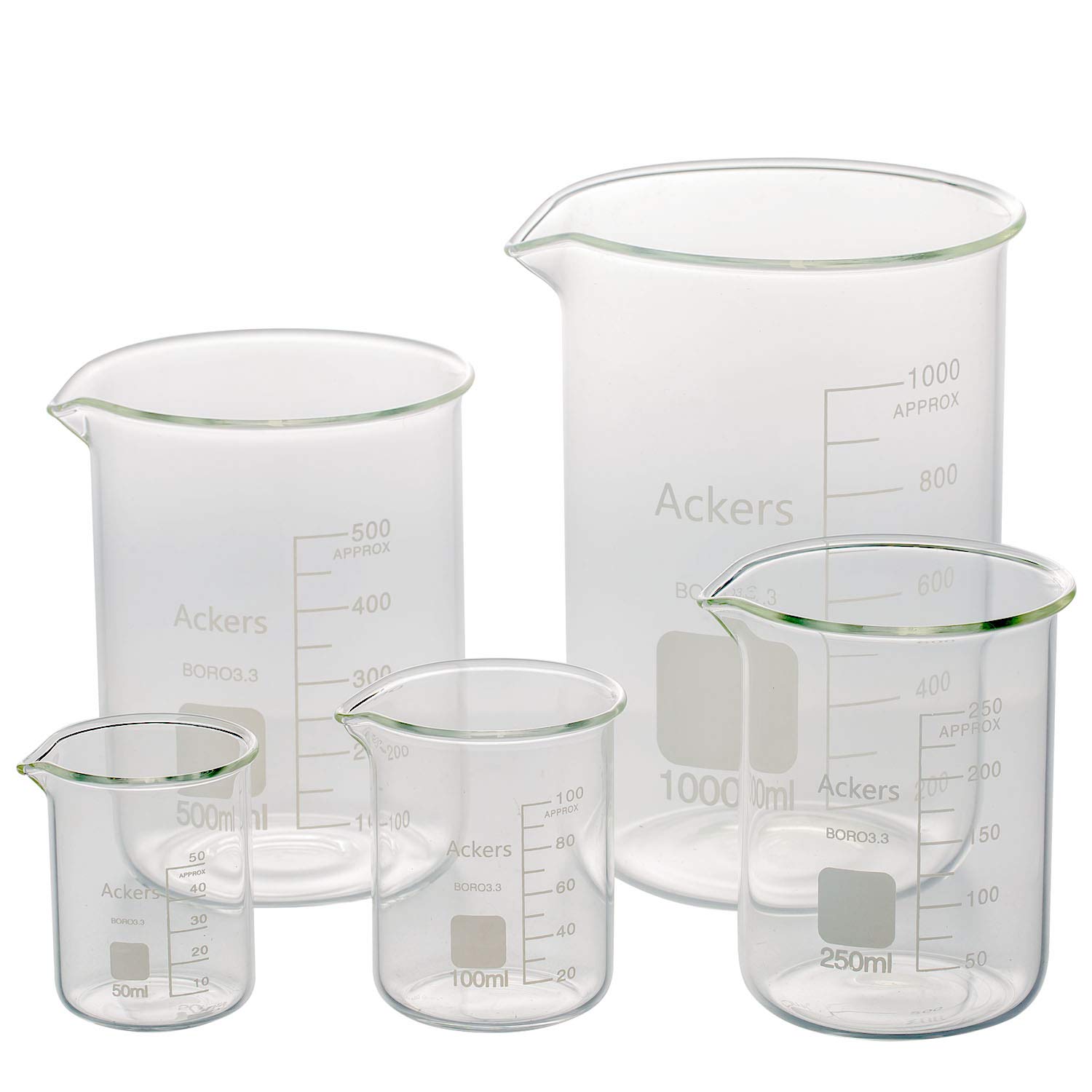 Ackers Boro3.3,Griffin Low Form Scientific Glass Beaker Set-50ml,100ml,250ml,500ml,1000 mL (Pack of 5)