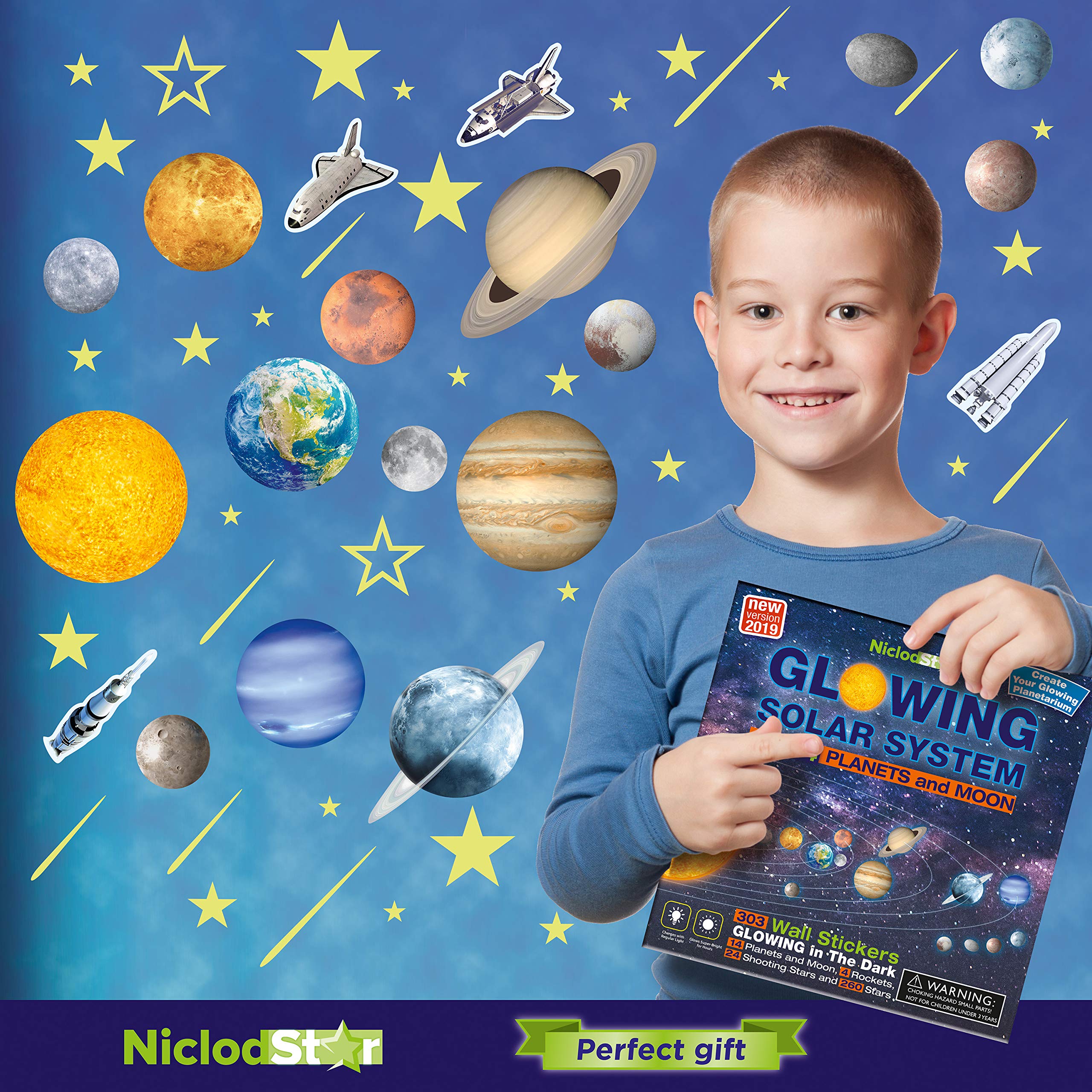 Glow in the Dark Stars and Planets for Ceiling – 303 Solar System Wall Stickers Room Decor, Outer Space Decals, Glowing 14 Planets 1 Moon 4 Rockets 24 Shooting Star 260 Stars Kids Boys Room Decoration