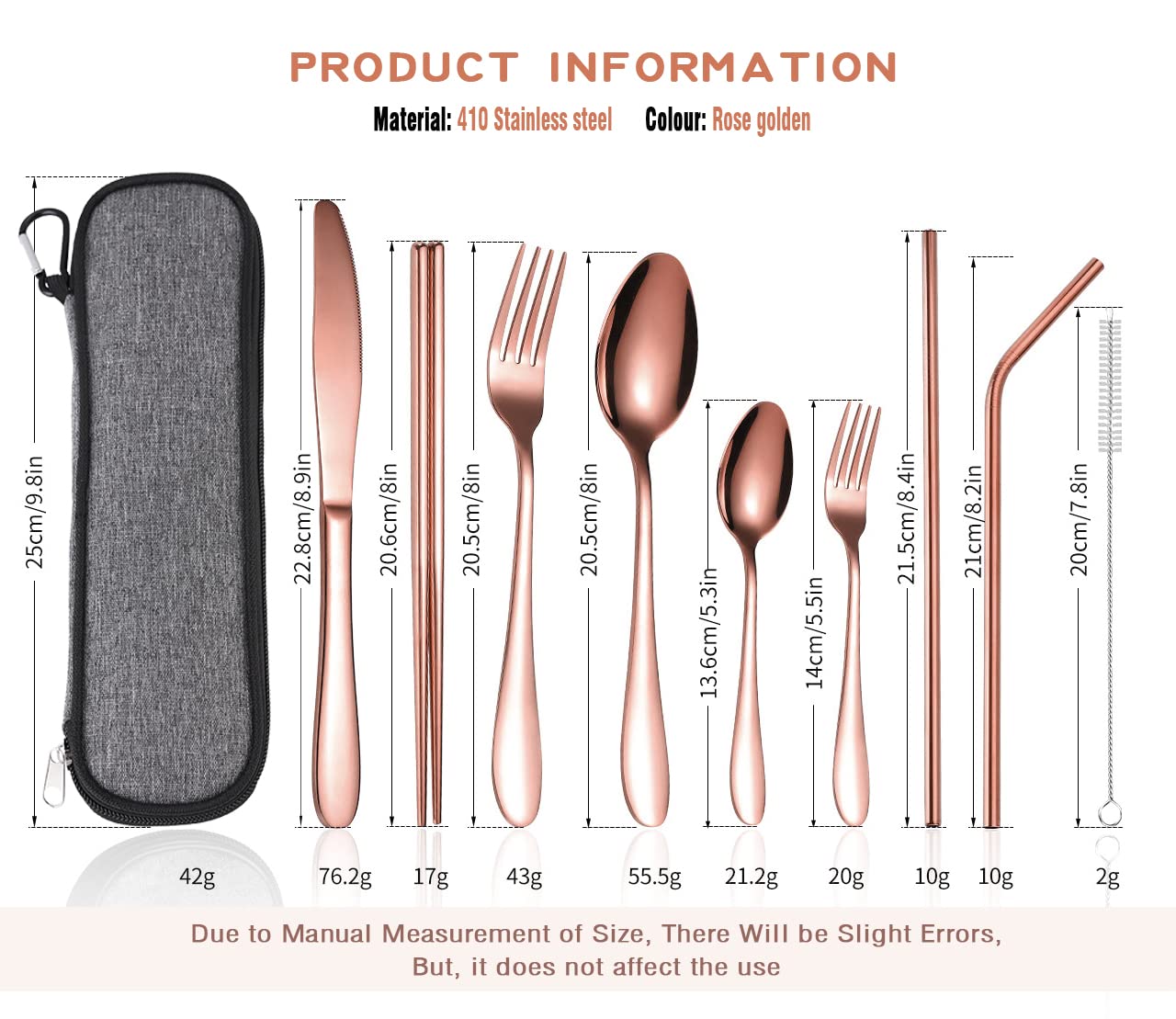 AARainbow 9 Pieces Stainless Steel Flatware Set Portable Reusable Cutlery Set Travel Utensils Set Including Chopsticks Knife Fork Spoon Straws Cleaning Brush Dishwasher Safe (9 Rose Gold)