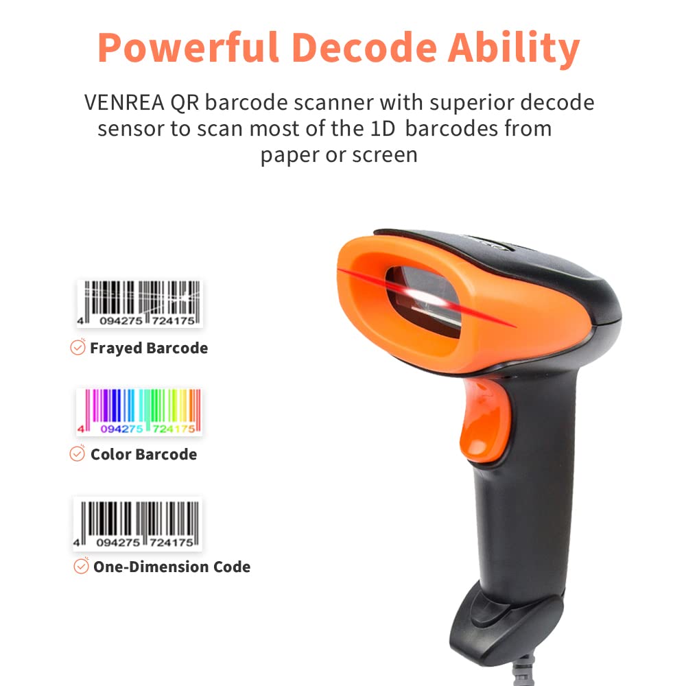 VENREA QR 1D Barcode Scanner, USB Wired Handheld High Speed QR Code Reader Compatible for Windows/Mac Square POS System Mobile Payment 1D Code on PC and Phone Screen