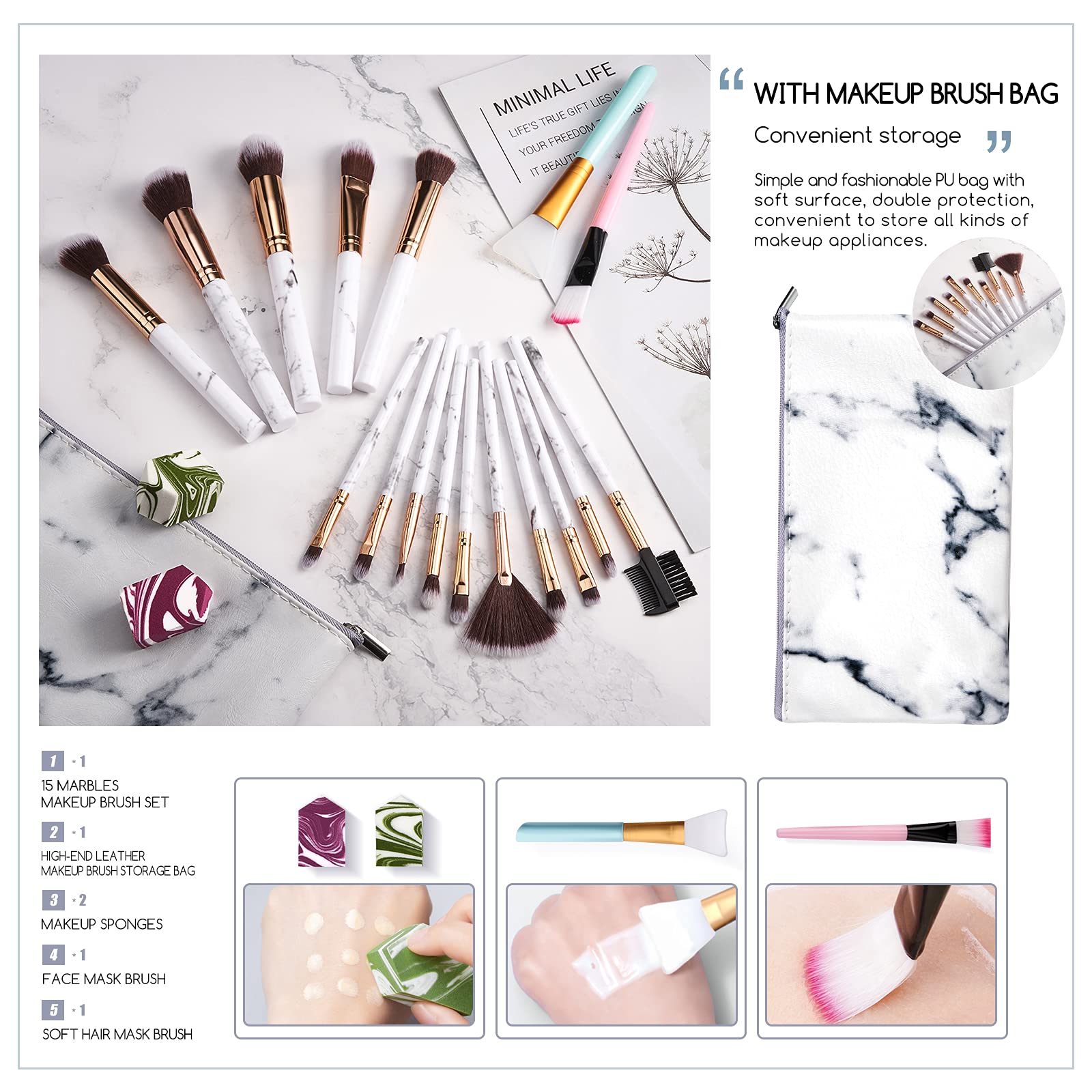 SNSLXH Marble Makeup Brushes with Makeup Bag | Premium Synthetic Foundation Powder Concealers Blending Eye Shadows Face Makeup Brush Set(17 Pcs)