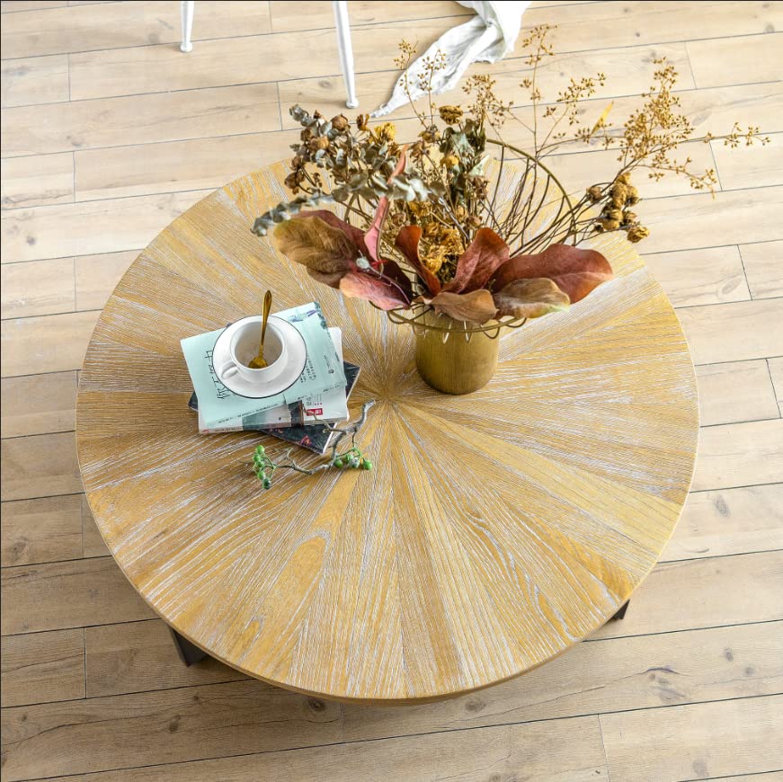 Gexpusm Round Coffee Table, Natural Wood Solid Wood Center Large Circle Coffee Table for Living Room, 35.3x35.3x17.8IN