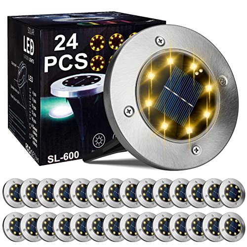 24 Pack Solar Ground Lights Outdoor Waterproof, 8LED Pathway Lights Solar Powered, Solar Disc Outdoor Garden In-Ground Lights for Yard Pool Patio Deck Garden Pathway Landscape Lighting (Warm Light)