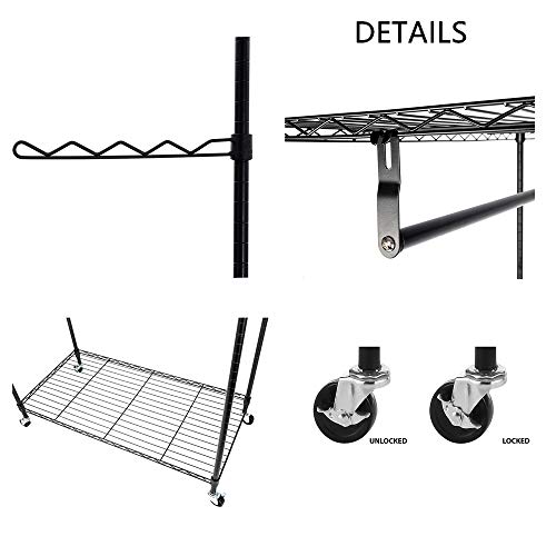 WEI WEI GLOBAL Double Rod Garment Rack, Rolling Clothes Organizer with Shelf, Side Hanger and Wheels (Black)-76" H