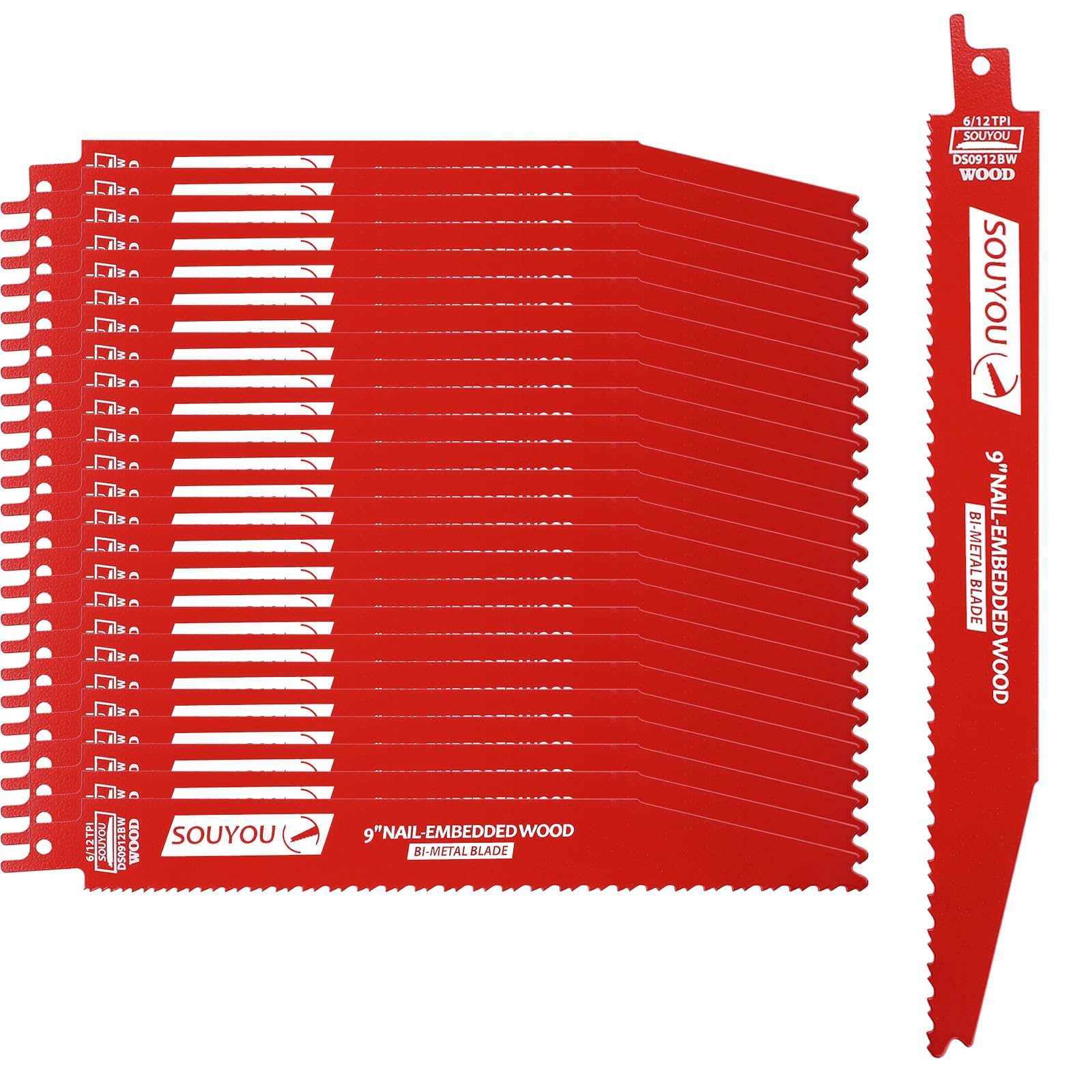 Souyou 25 Pack 9 Inch 6/12 Tpi Reciprocating Saw Blades Bi-Metal Steel Demon with Perma-Shield Coating Stud and Nail Sawzall Blades Sawzall Blades for Cutting Embedded Wood Metals PVC Pallets etc.