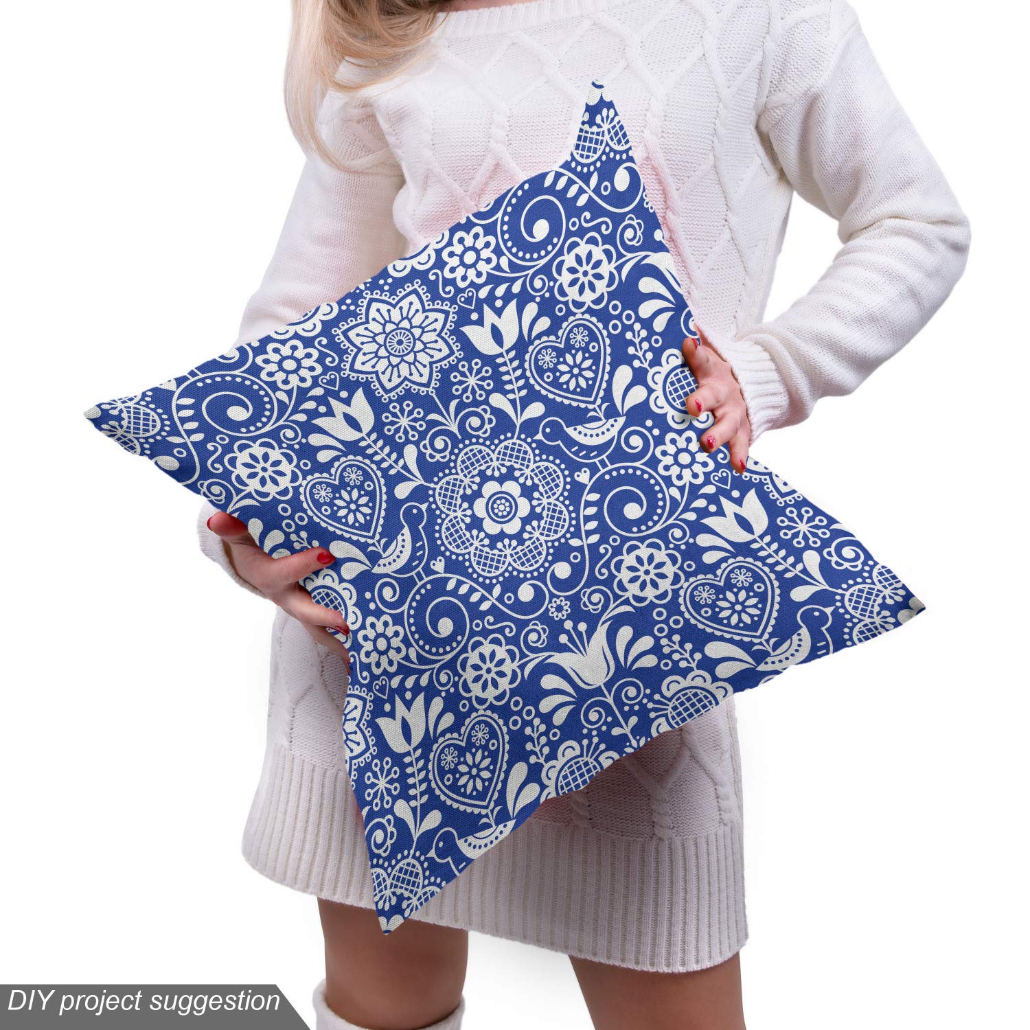 Ambesonne Navy Blue Fabric by The Yard, Ethnic Repeating Flowers Folkloric Traditional Ornamental Motifs, Decorative Fabric for Upholstery and Home Accents, 3 Yards, White and Lavender Blue