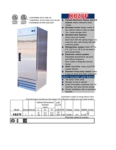 Commercial Freezer 1-Door Solid Upright Reach in Stainless Steel NSF 29" Width, Capacity 23 Cuft, Bottom Mounted Restaurant Quality Kitchen Cold -8°F XB27F
