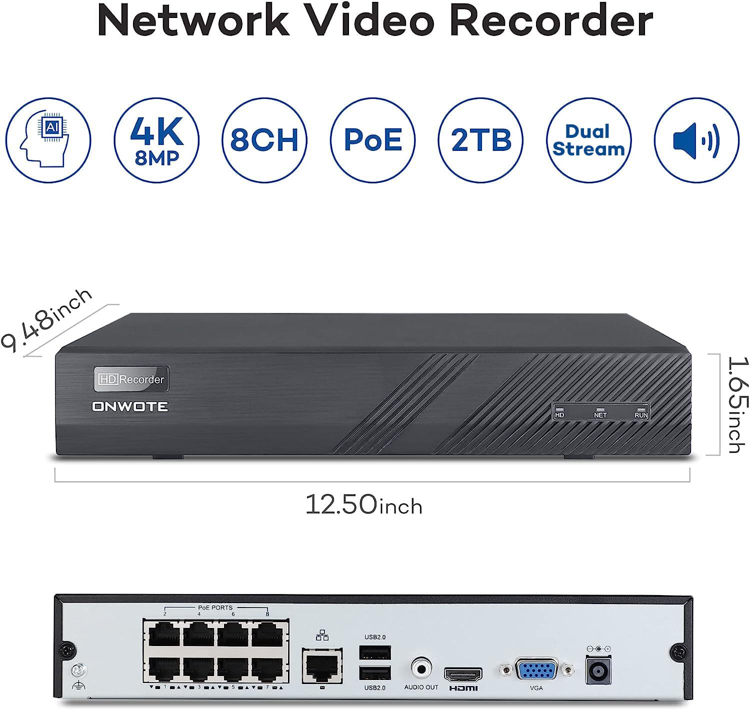 ONWOTE Wired 4K NVR PoE Security Camera System, AI Human Vehicle Detection, 6* 8MP 125° Wide View Angle Outdoor IP Cameras, 8 Channel NVR 2TB Record Video Audio, CCTV Surveillance for Home Businesses