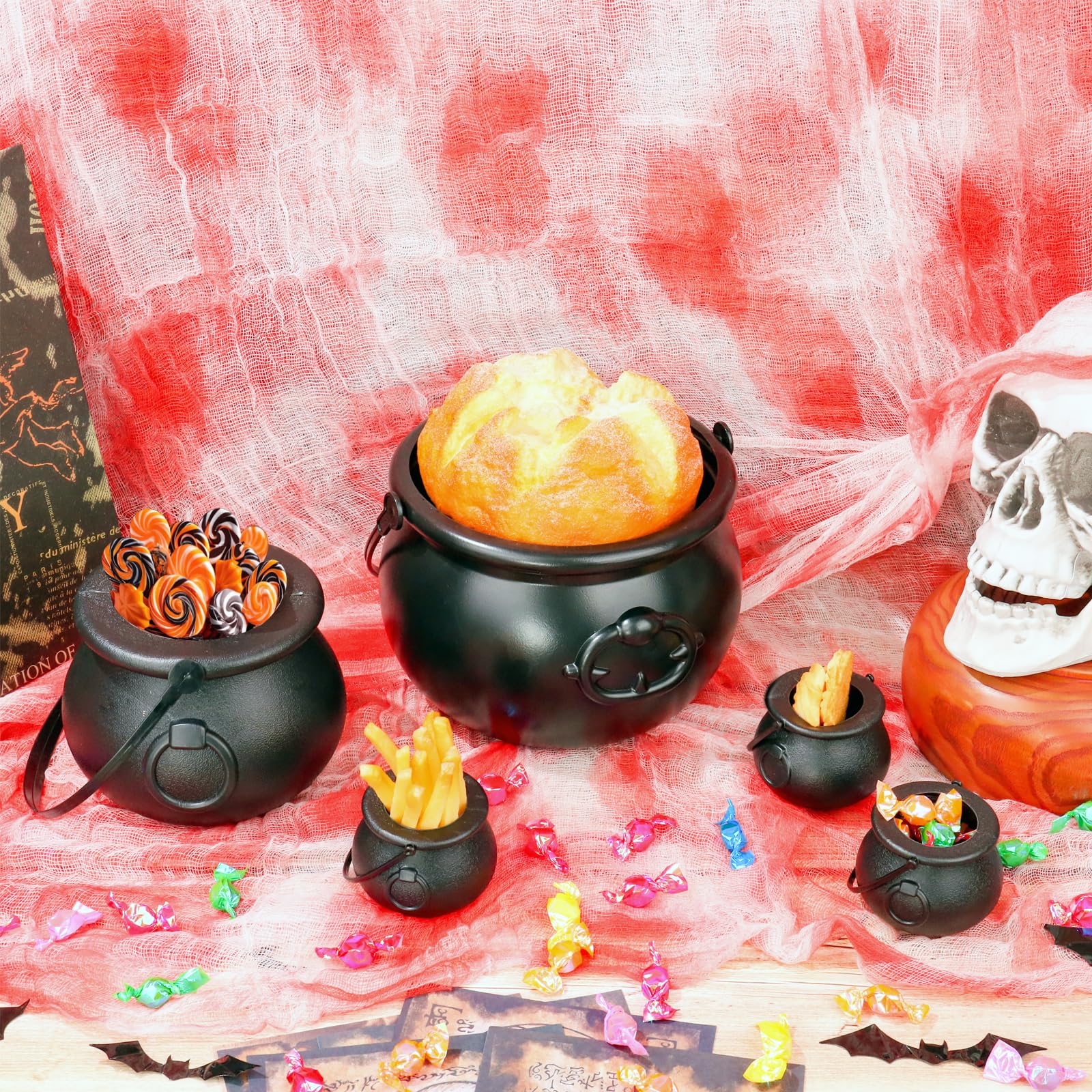 5 in 1(8.5", 5.5", 3pcs 2.8") Package Plastic Cauldron and Black Witches Cauldron,Halloween Decor Black Hanging Cauldron Candy Bucket for Holiday Trick or Treat Party and Patrick’s Day Decor