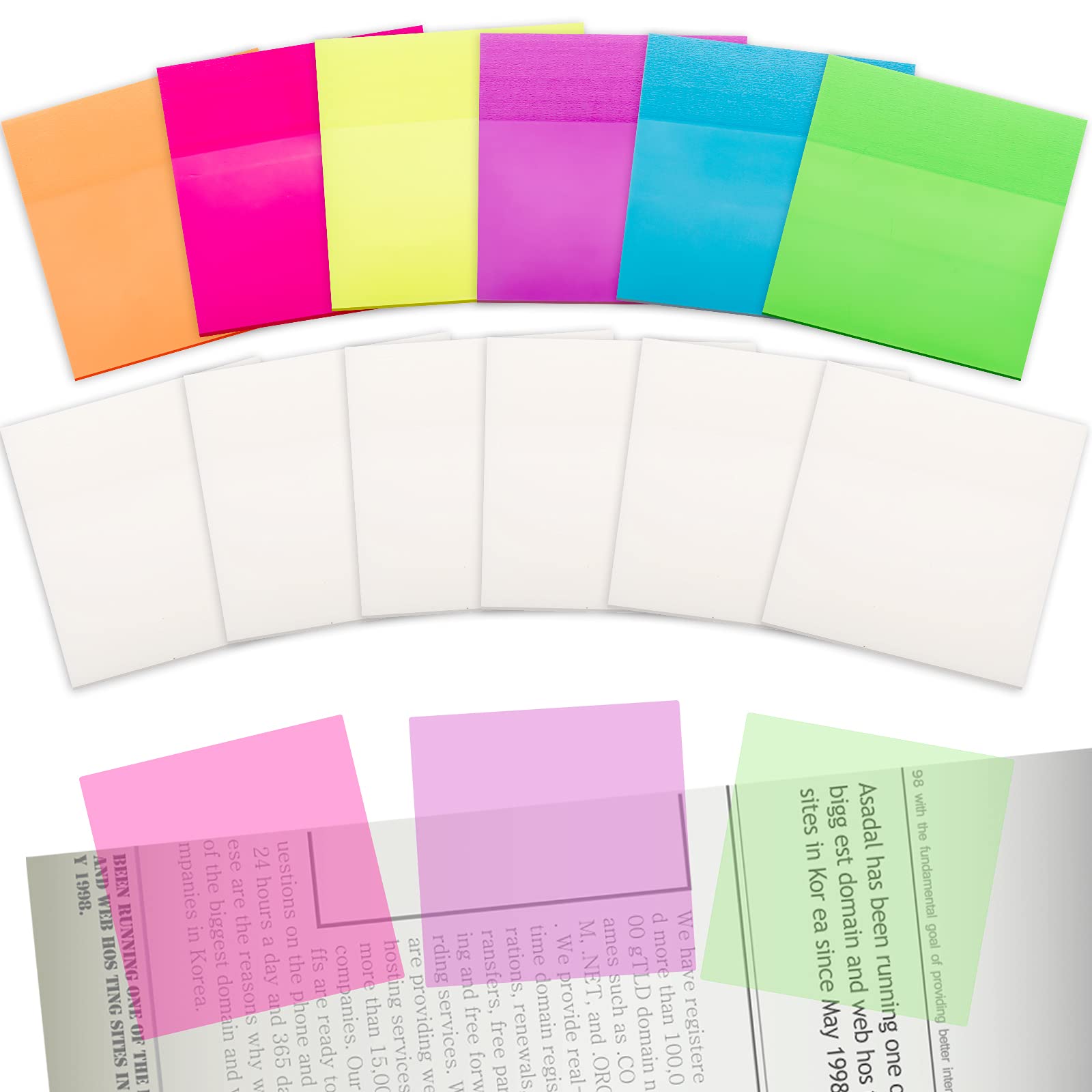 600 Sheets 12 Pads Transparent Sticky Notes Colorful Sticky Note Pads Clear Self Stick Notes Translucent Sticky Notes Memo for Bible Office School Message Reminder (Vibrant Colors,3 x 3 Inch)