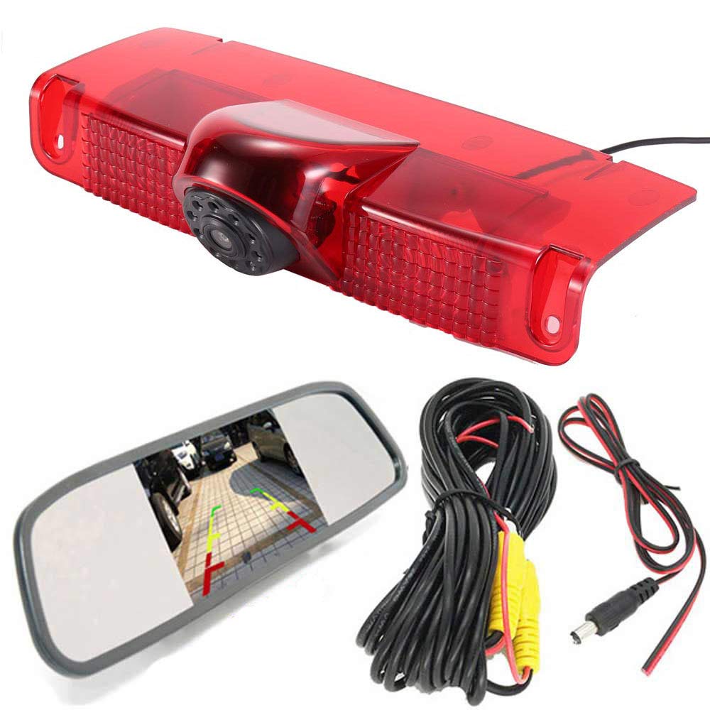 4.3 '' Rearview Mirror + Third Roof Top Mount Brake Lamp Reverse Rear View Backup Camera Angle and Distance Adjustable IR Night Vision for Chevrolet Express GMC Chevy Savana Exporer Vans Cargo